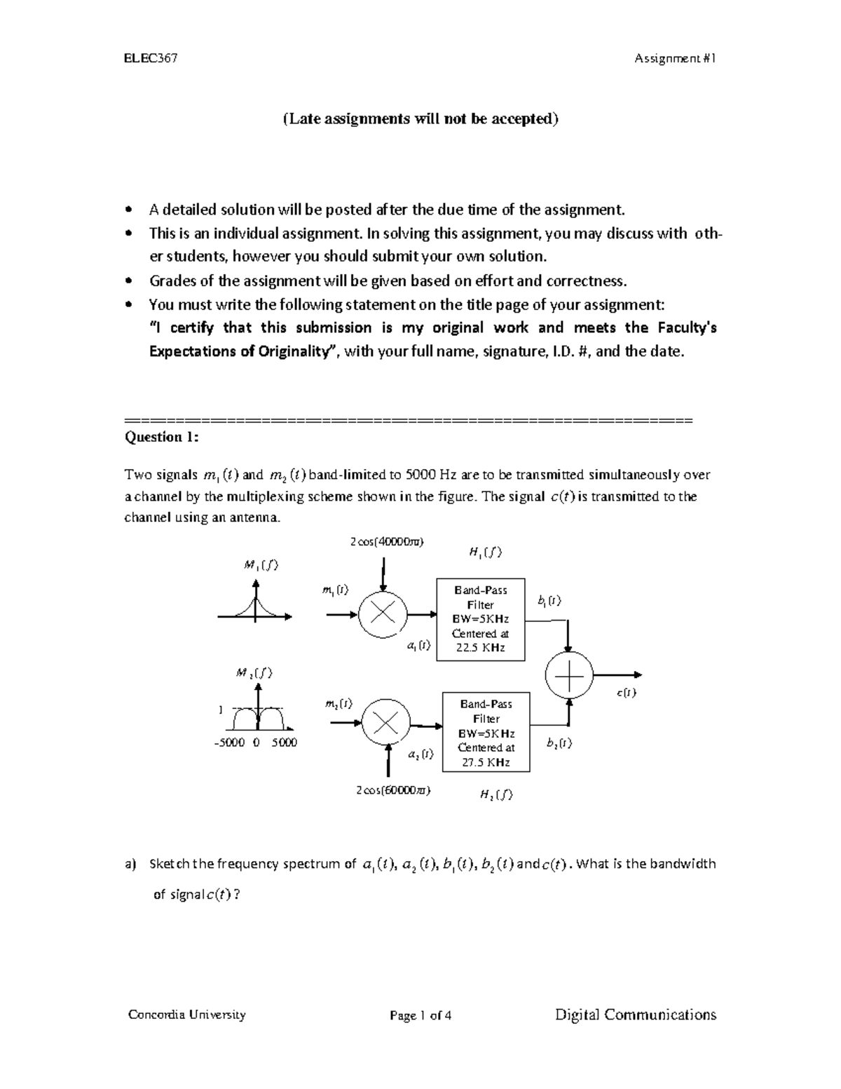 2024 ELEC367 Assignment 1 - Page 1 of 4 Digital Communications (Late assignments will not be ...