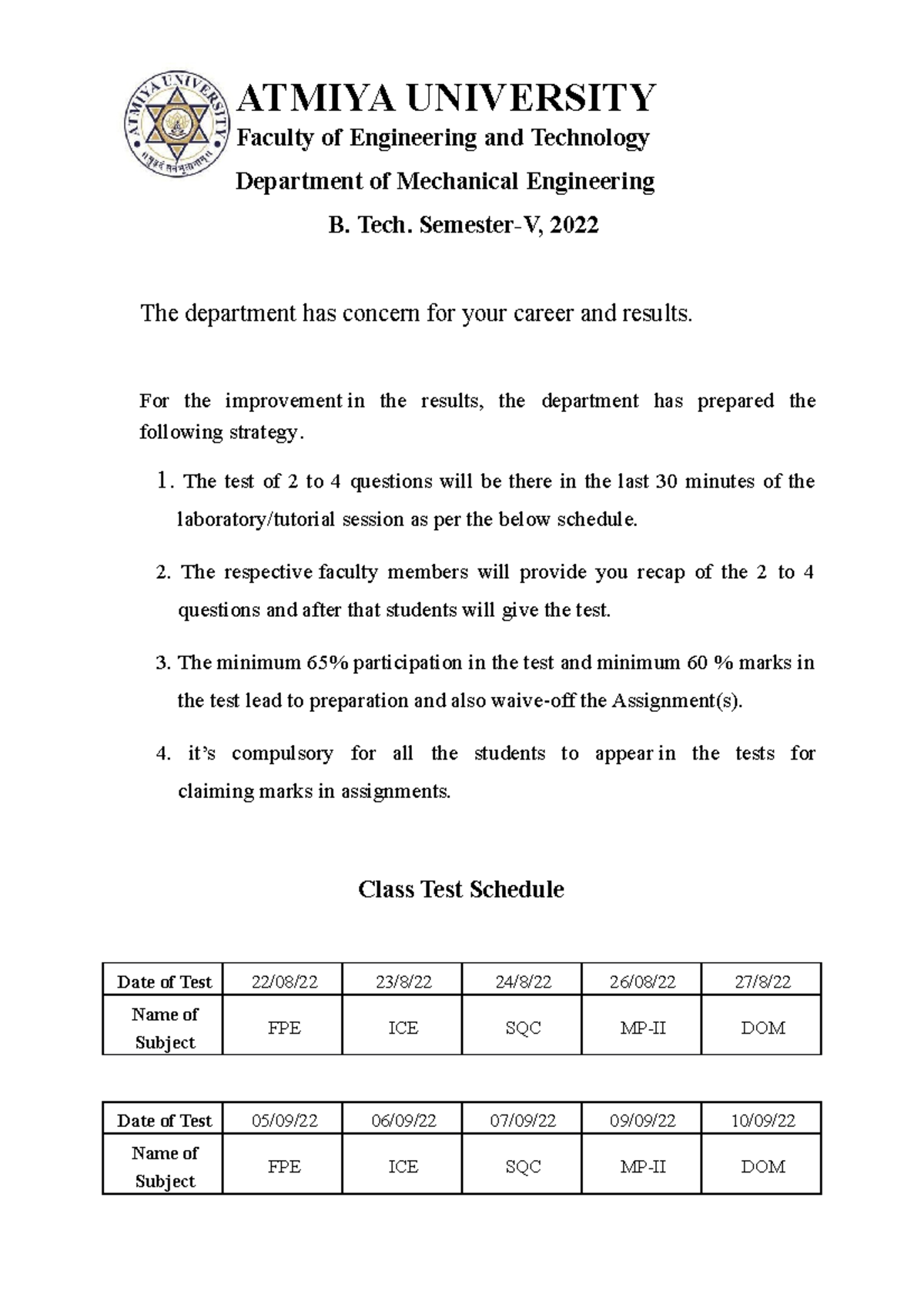 Result Improvement Strategy-Class Test Shedule - ATMIYA UNIVERSITY ...