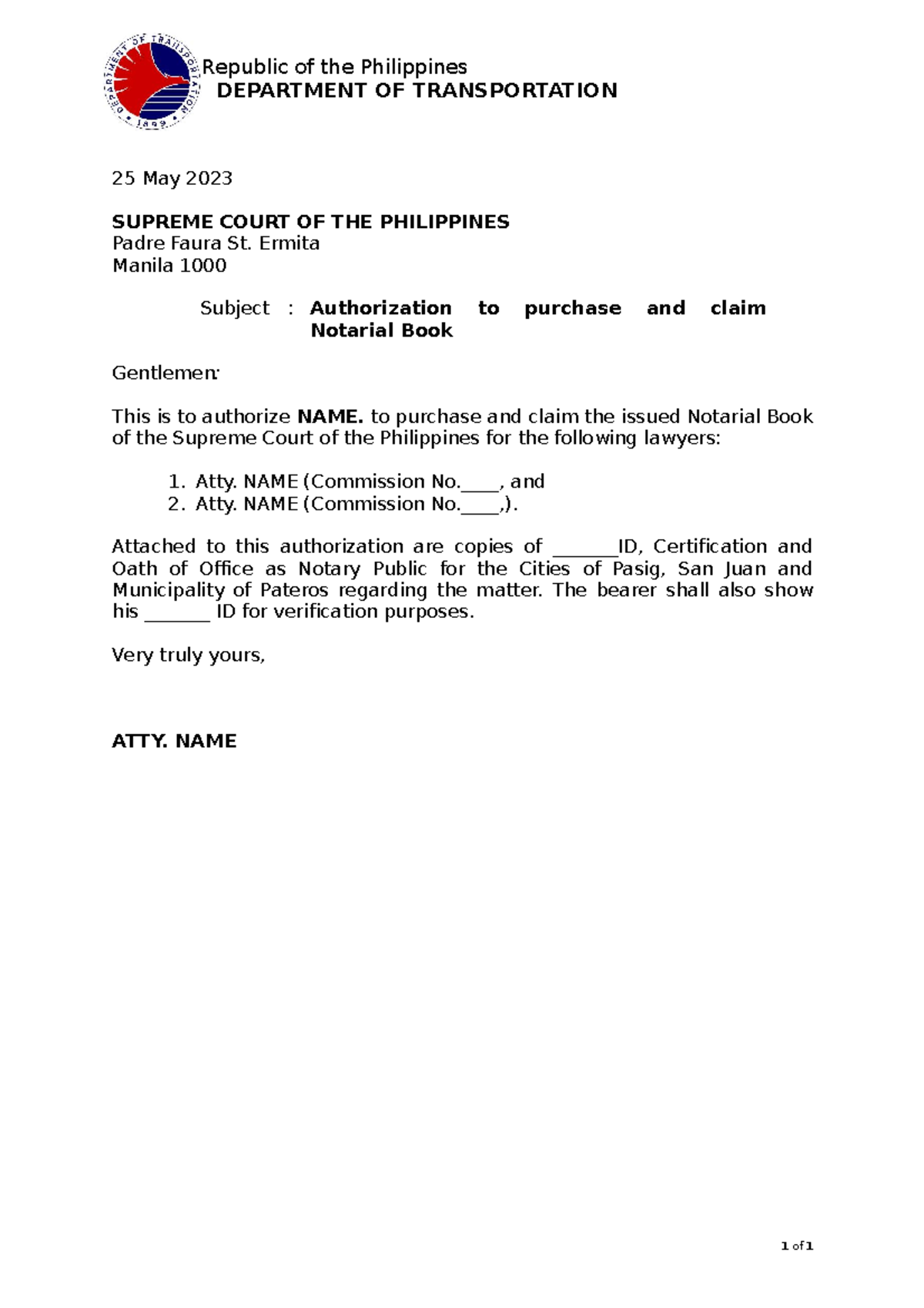 Authorization to Purchase Notarial Book - Republic of the Philippines ...