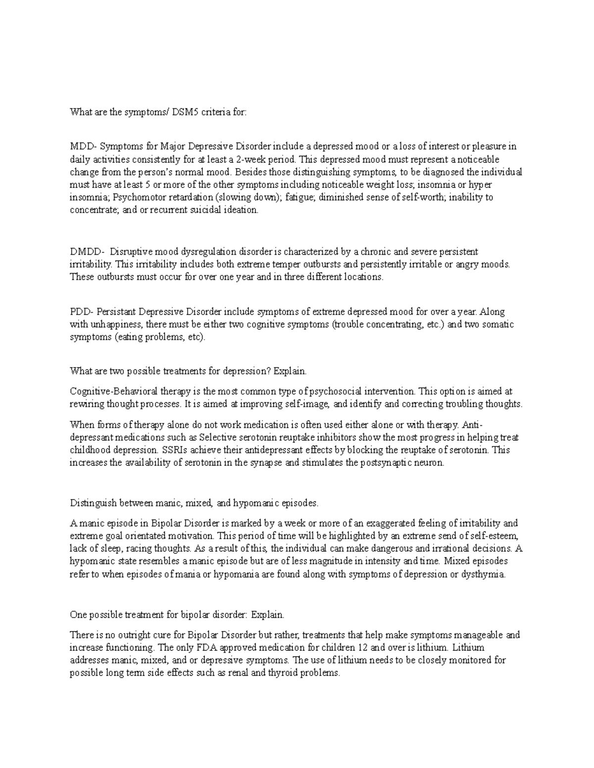 Chapter 10 Homework Questions and Answers - What are the symptoms/ DSM5 ...