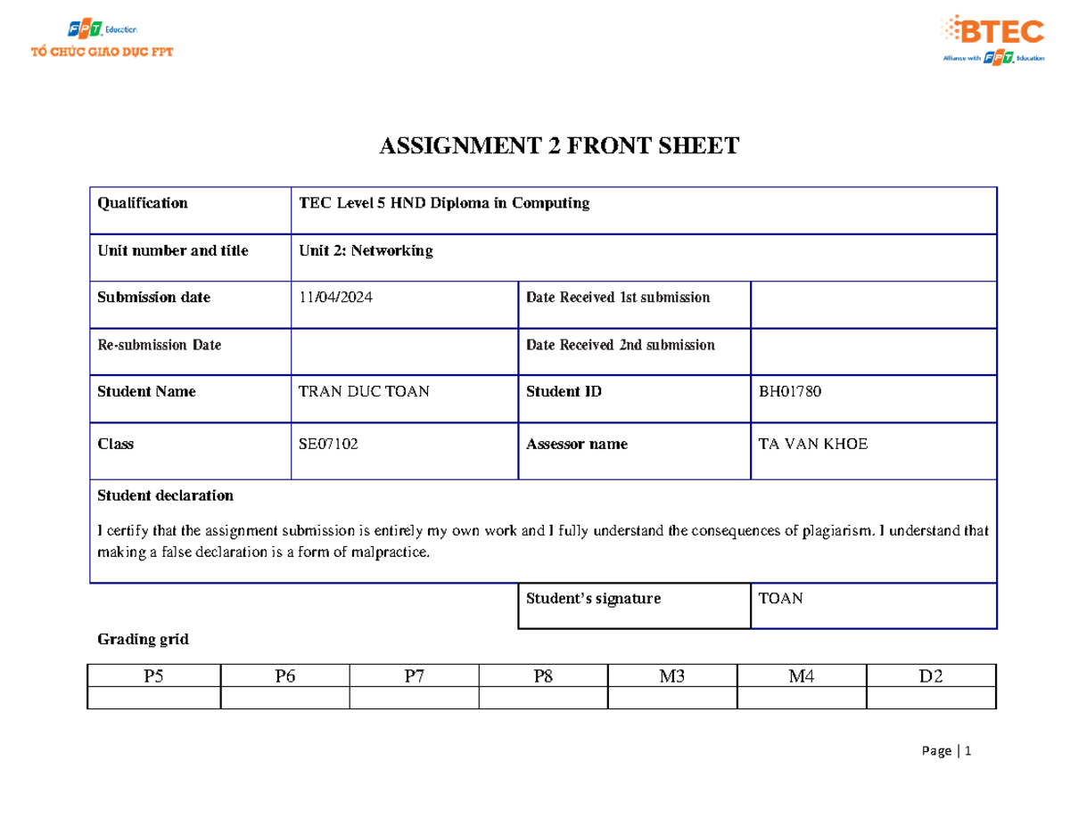 Networking Tran Duc Toan BH01780 ASM2 1st - ASSIGNMENT 2 FRONT SHEET Qualification TEC Level 5 ...