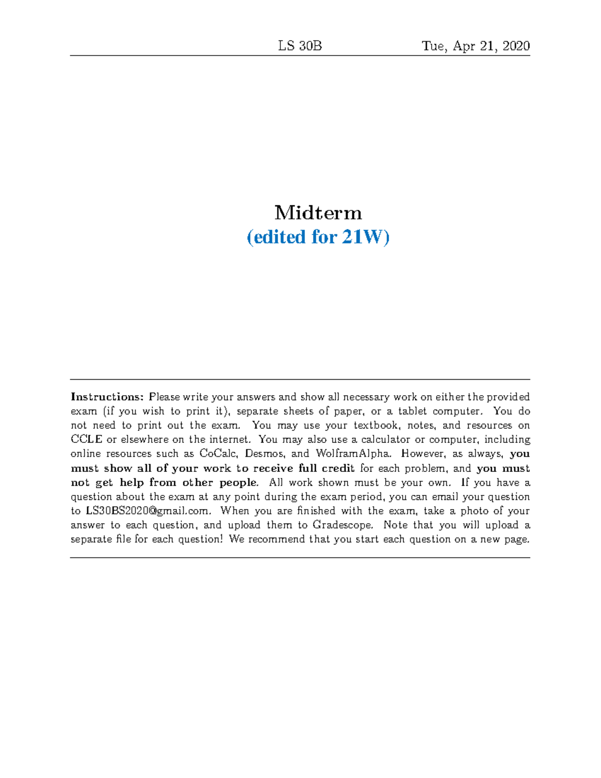 Practice Midterm 2-Solutions - Tue, Apr 21, 2020LS 30B Midterm (edited for 21W) Instructions ...