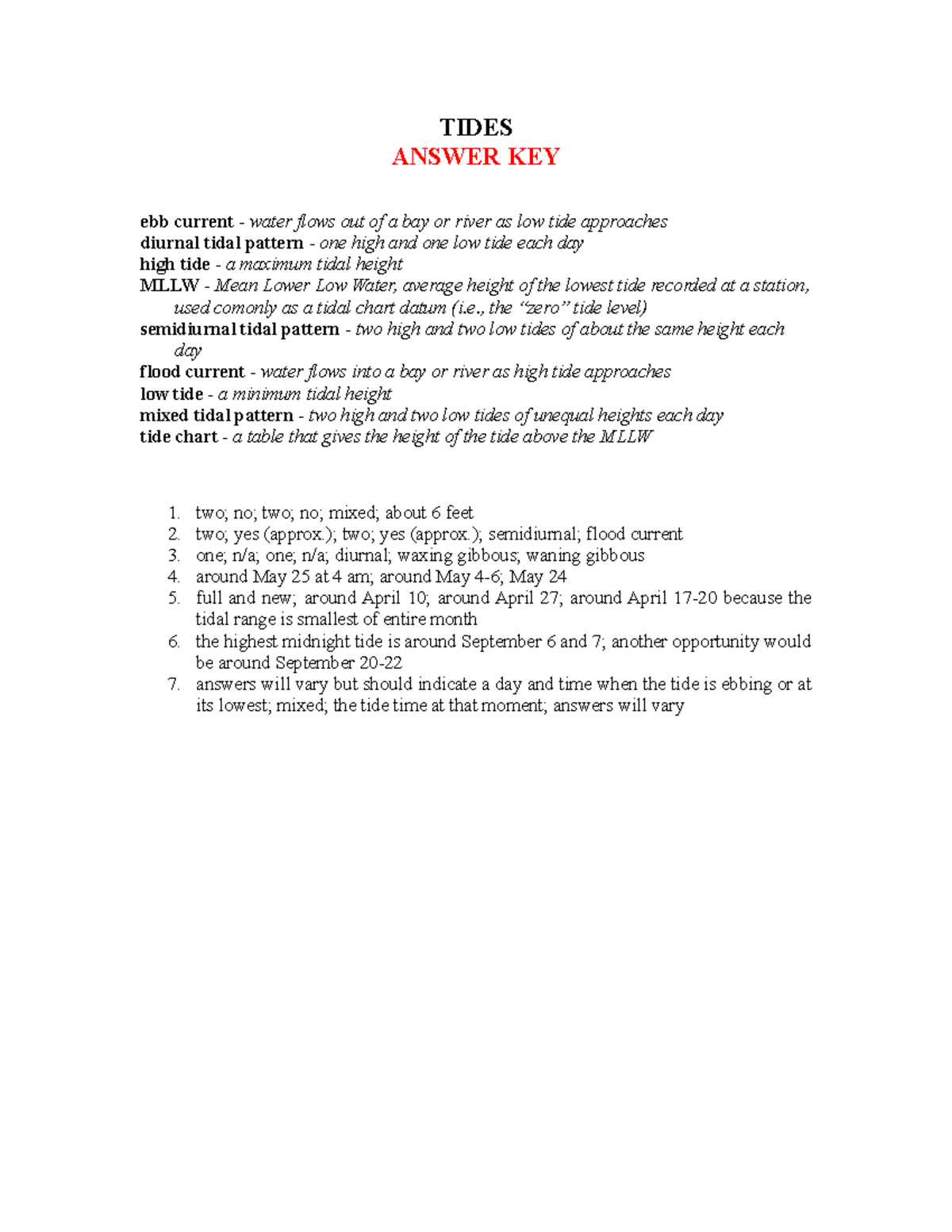 Tides answer key - blah - TIDES ANSWER KEY ebb current - water flows ...