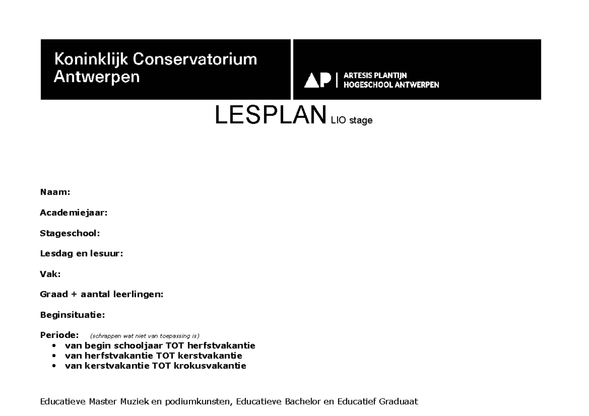Lesplan sjabloon leeg - LESPLAN LIO stage Naam: Academiejaar ...