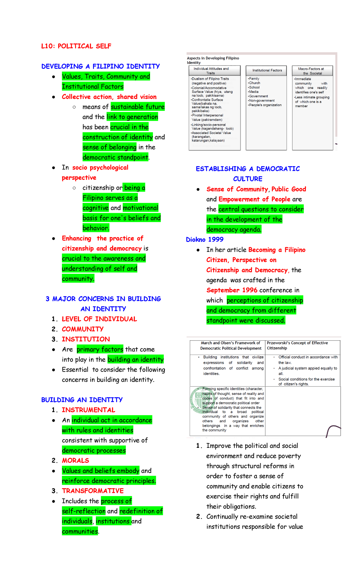 UNDS Final - L10: POLITICAL SELF DEVELOPING A FILIPINO IDENTITY Values ...