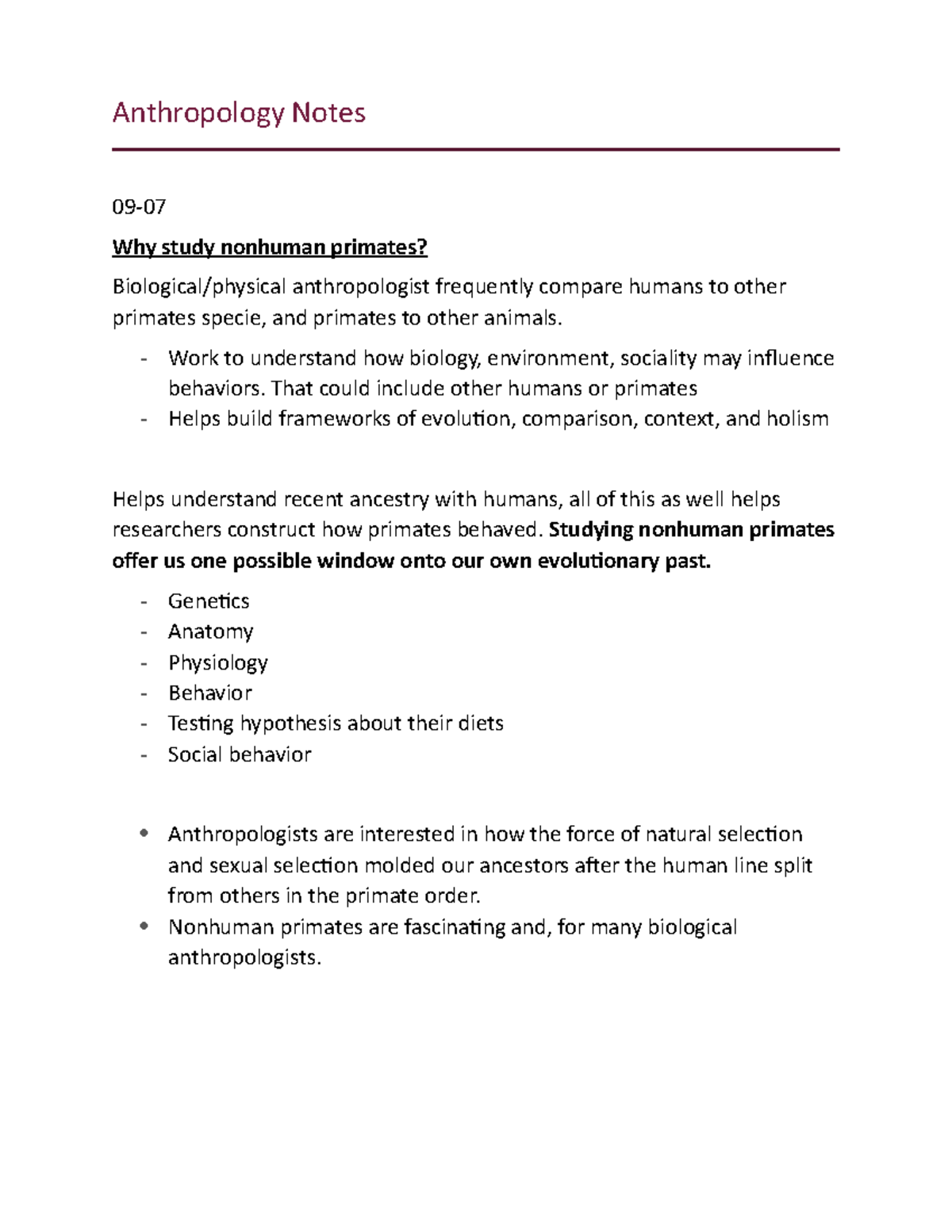Anthropology Notes - Anthropology Notes 09- Why study nonhuman primates ...