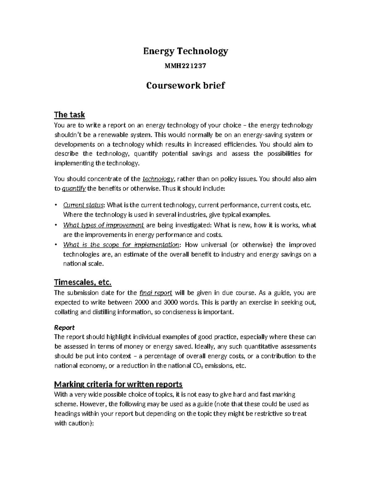 Energy technology coursework A brief 2022 - Energy Technology MMH ...