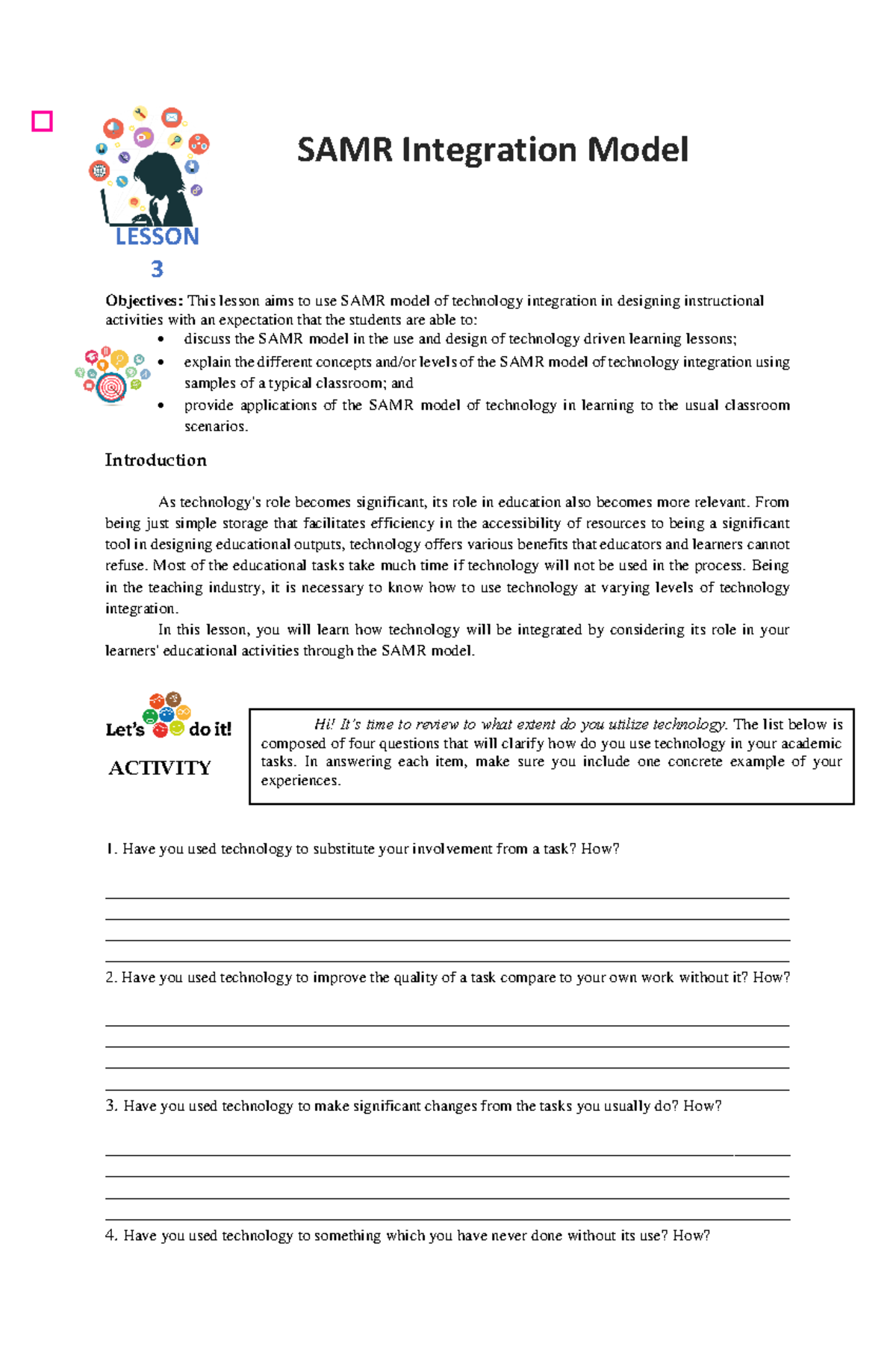 SAMR Integration Model - Objectives: This lesson aims to use SAMR model ...