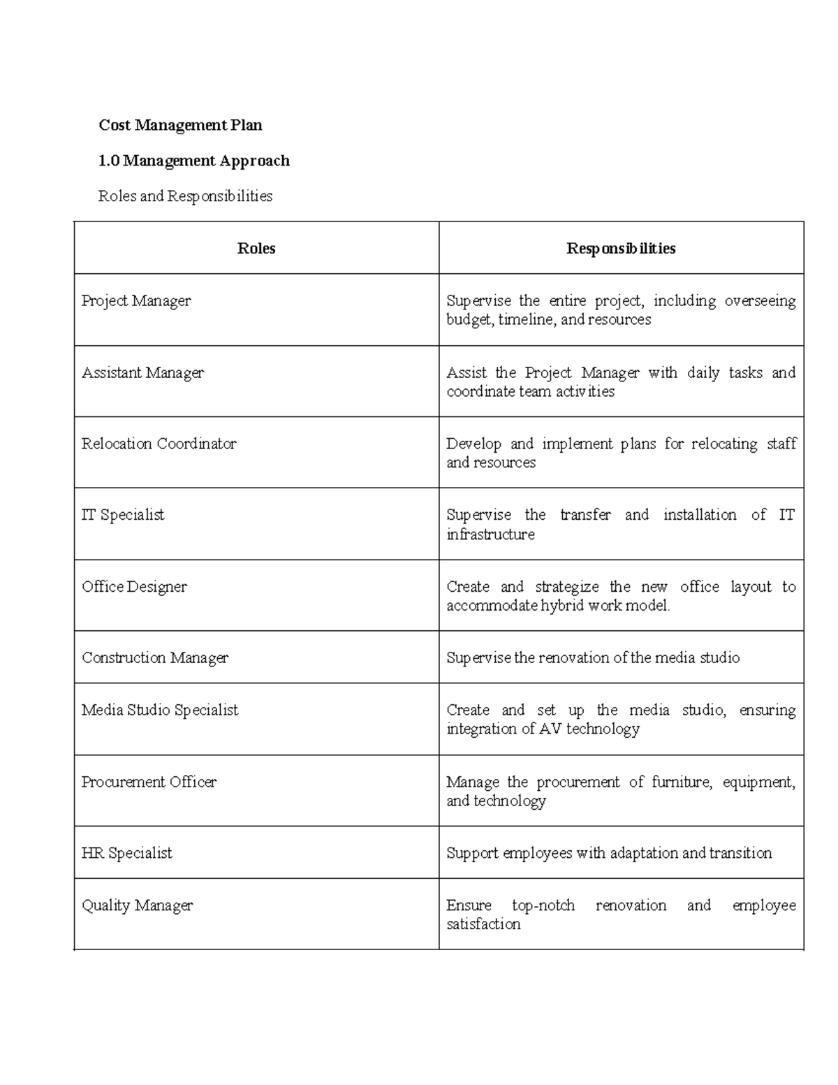 Cost+Management+Plan - Cost Management Plan 1 Management Approach Roles ...