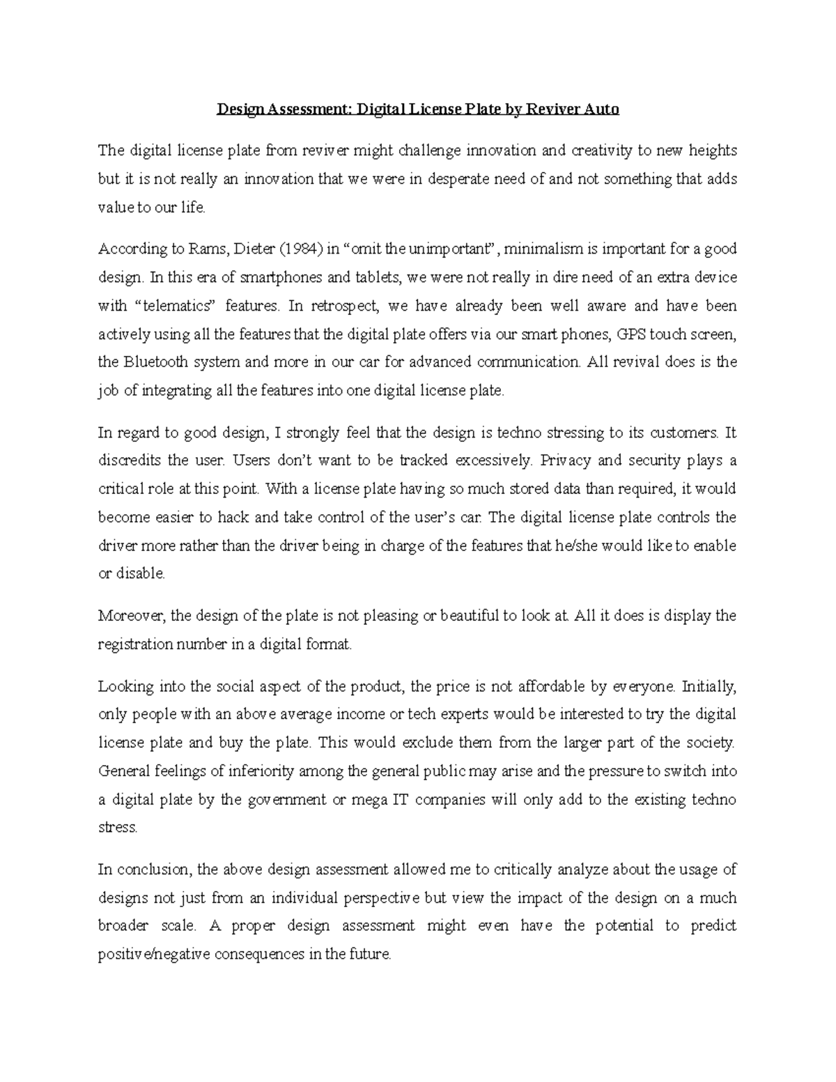 Design Assessment- Assignment 1 - Design Assessment: Digital License ...