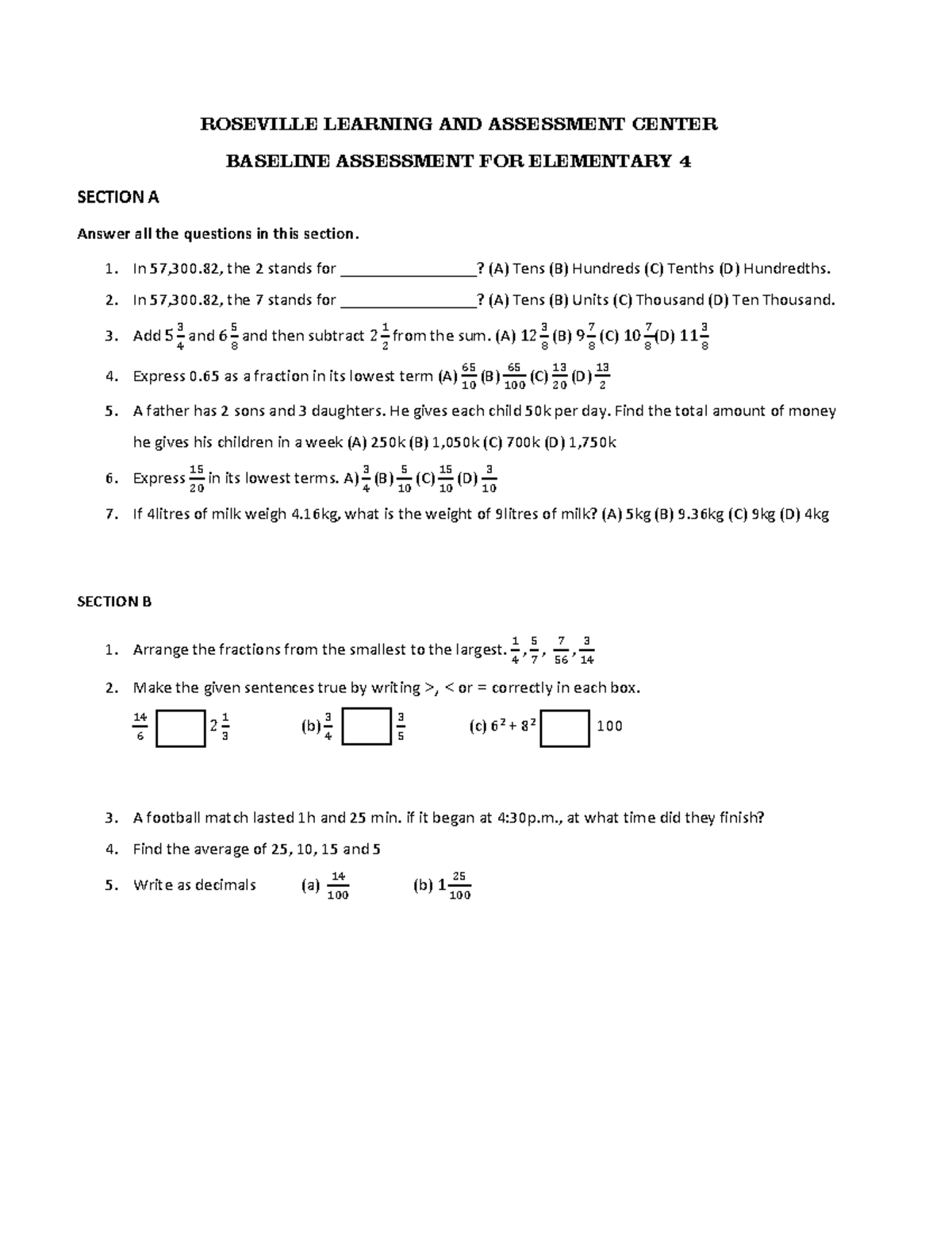 Elementary 4 - Mathematics - ROSEVILLE LEARNING AND ASSESSMENT CENTER ...