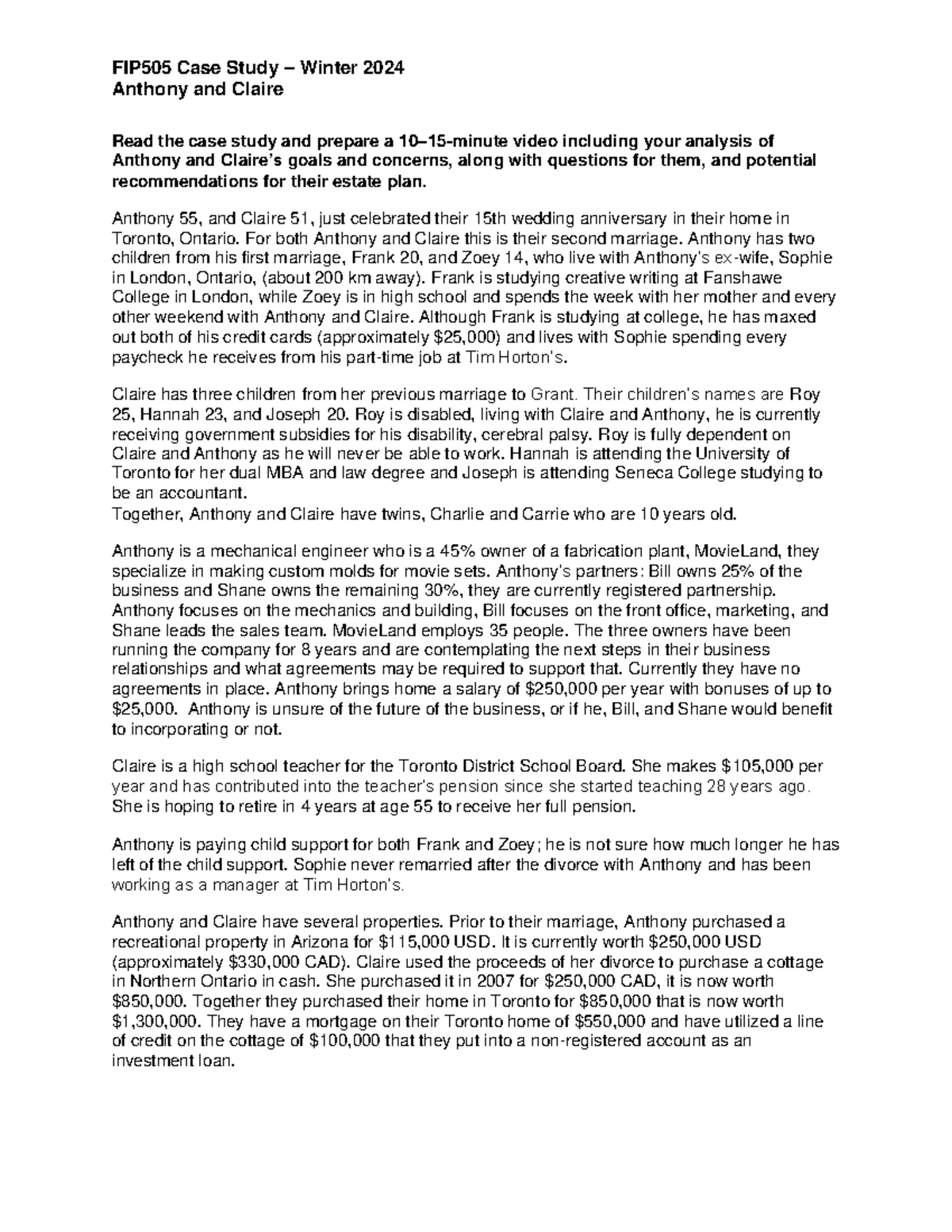 Case Study - W2024 - give a concise answer - Anthony and Claire Read ...