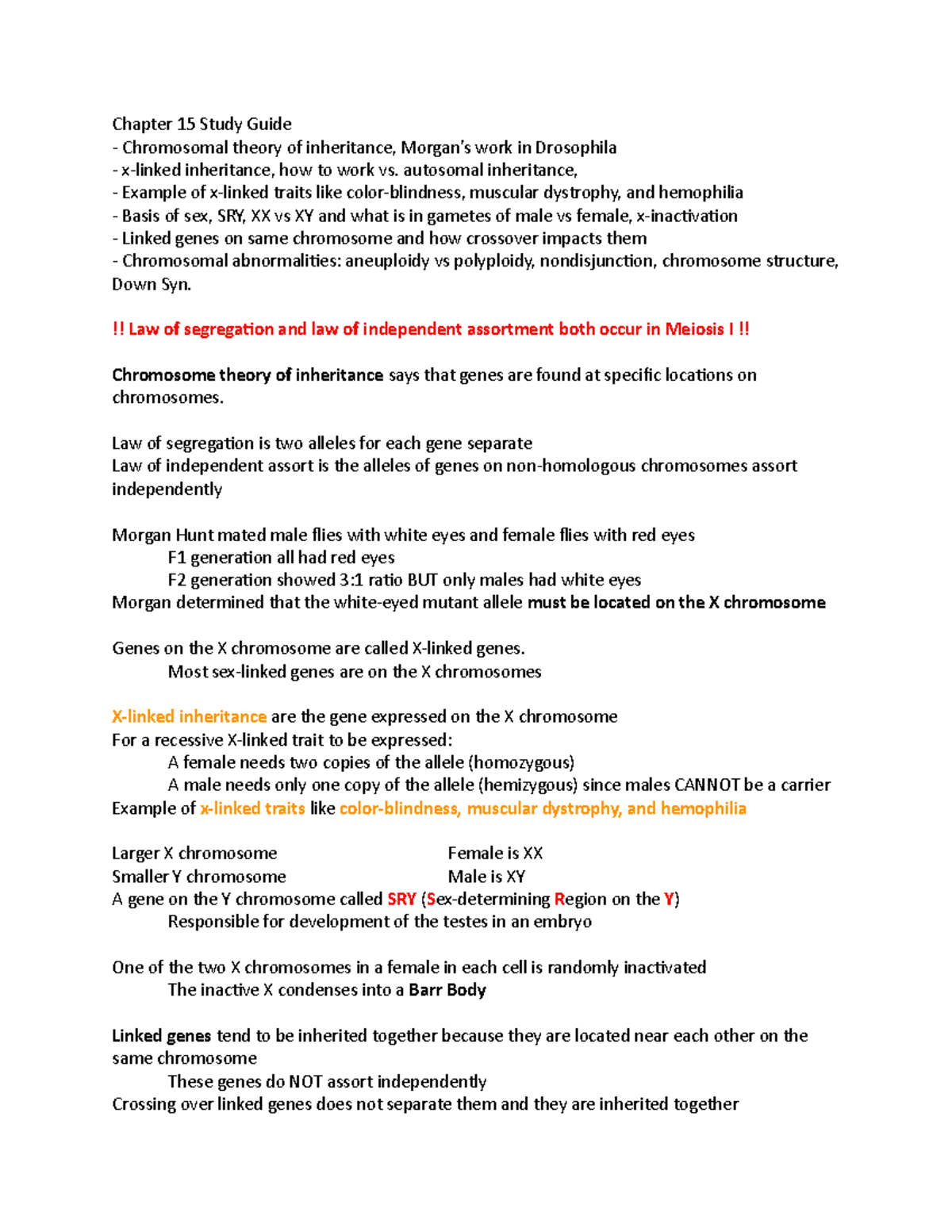 Chapter 15 Study Guide - Chapter 15 Study Guide Chromosomal theory of ...
