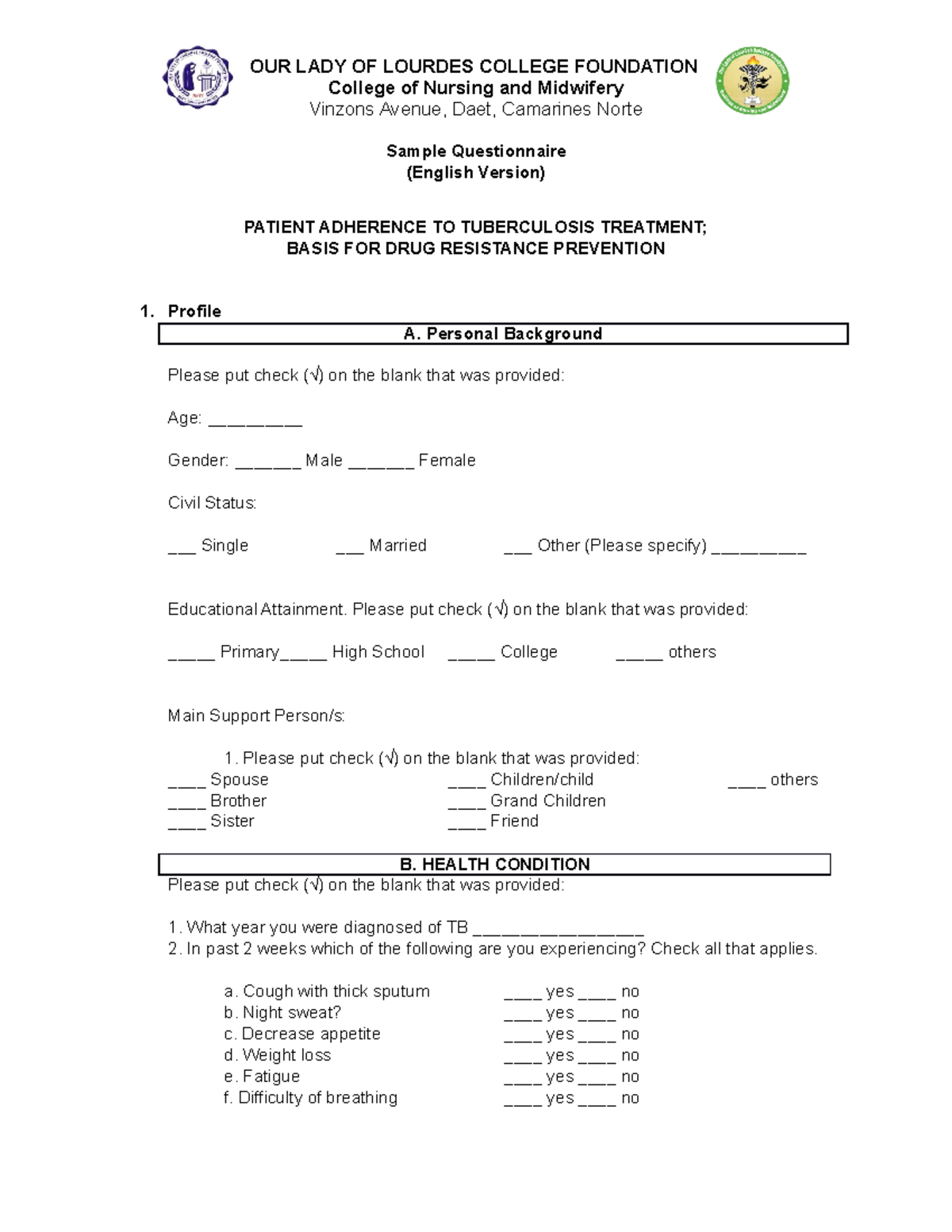 Sample Questionaire English Version - College of Nursing and Midwifery ...