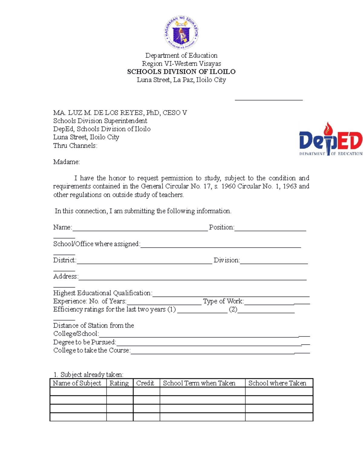 Permit-TO- Study-1-1 - Permit to Study Sample - Department of Education ...