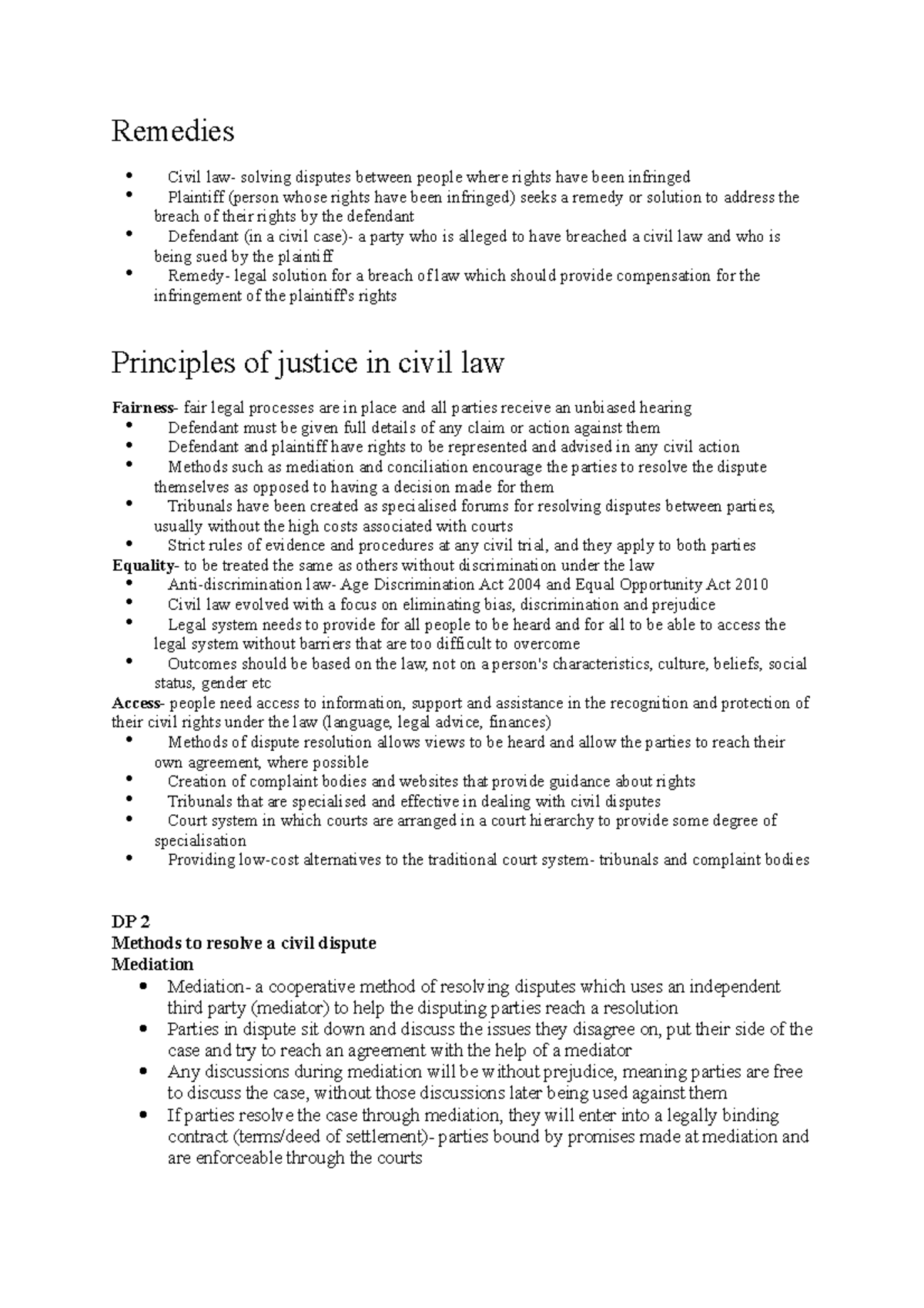Legal notes- U2 AOS 2 - Remedies Civil law- solving disputes between ...
