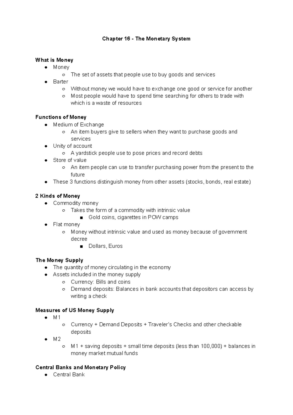 Intro to Macro - Chapter 16 - Chapter 16 - The Monetary System What is ...