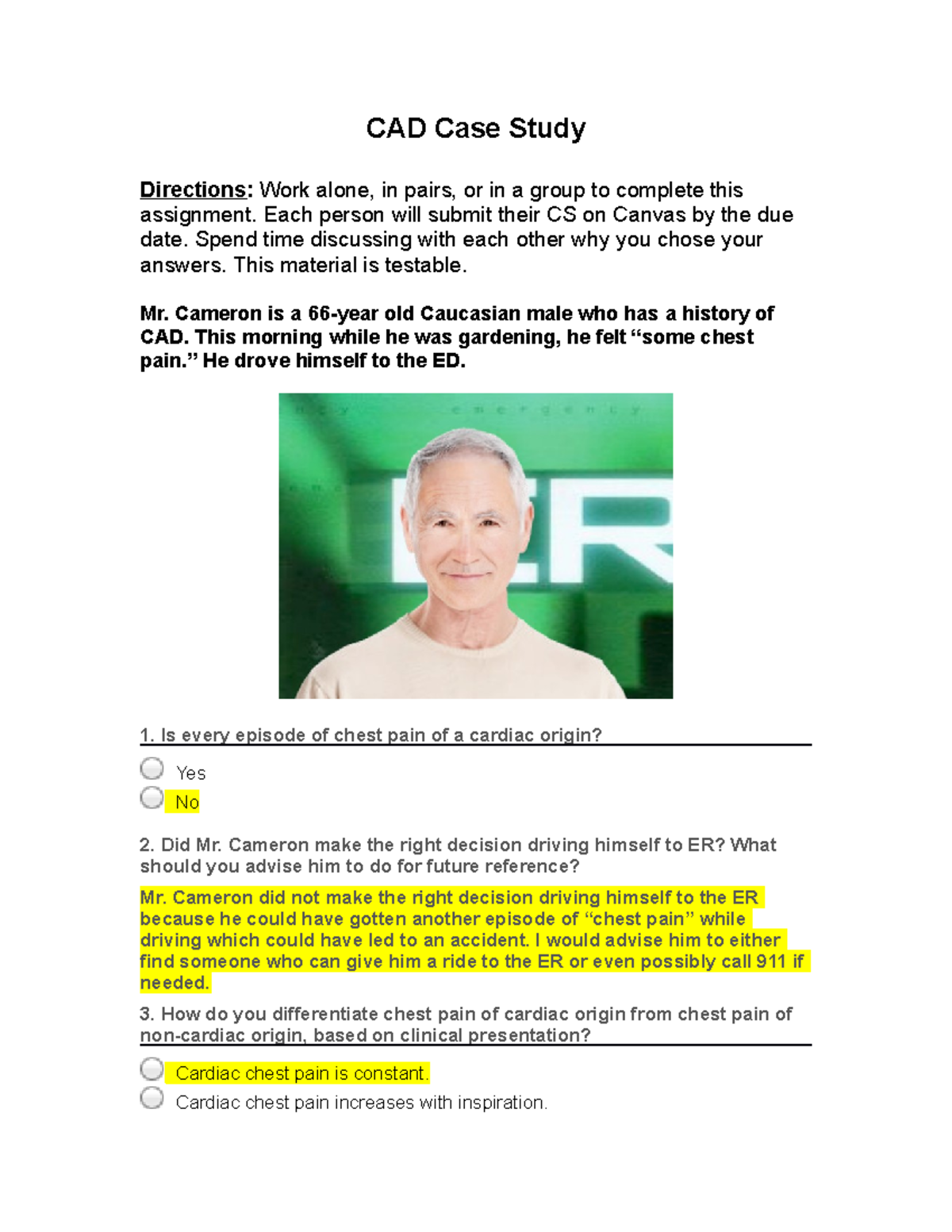 Week 9 - Chest Pain Case Study - CAD Case Study Directions: Work alone ...