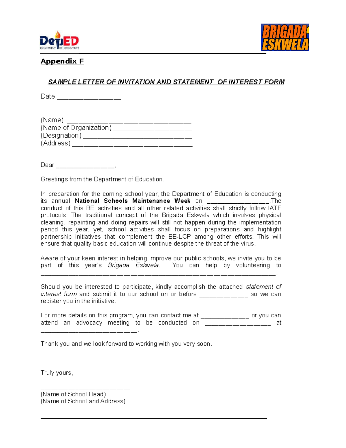 BE FORM 2021 (Additional) - Appendix F SAMPLE LETTER OF INVITATION AND ...