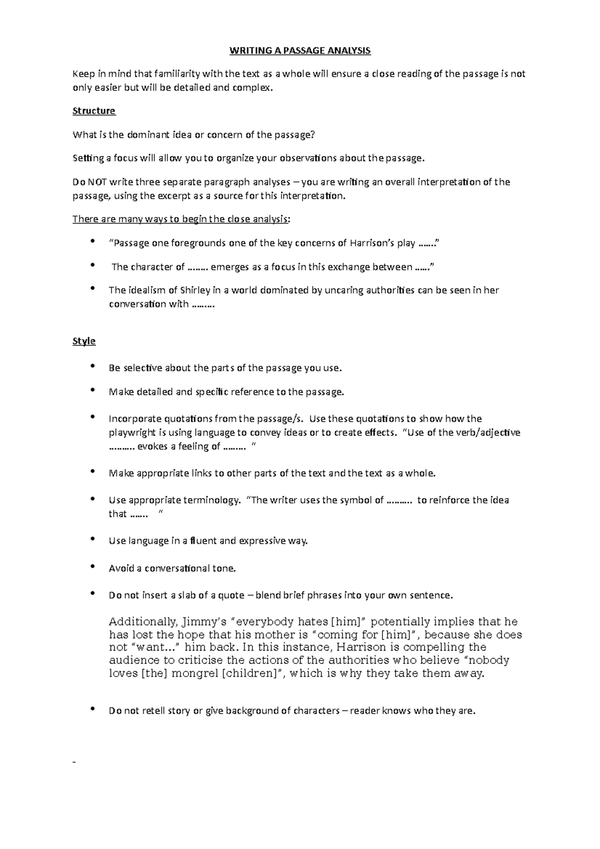Close Analysis Passage Writing - WRITING A PASSAGE ANALYSIS Keep in ...