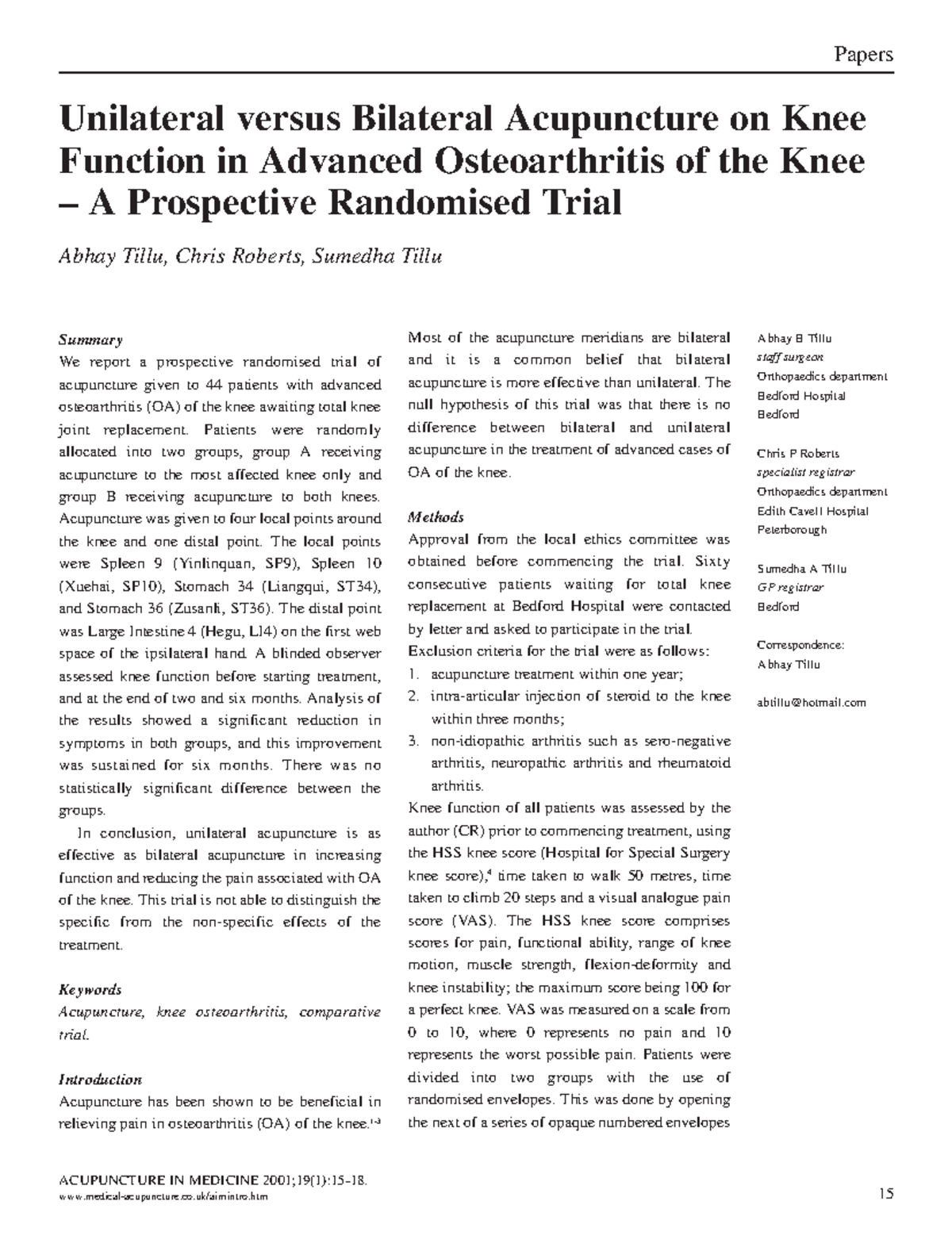 Tillu et al 2001 unilateral versus bilateral acupuncture on knee ...