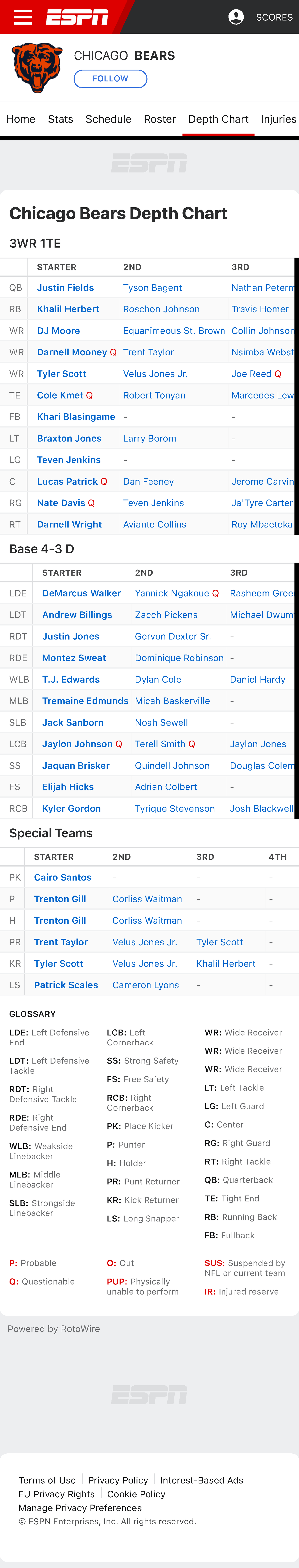 Chicago Bears 2023 NFL Depth Chart - ESPN - CHICAGO BEARS FOLLOW ...