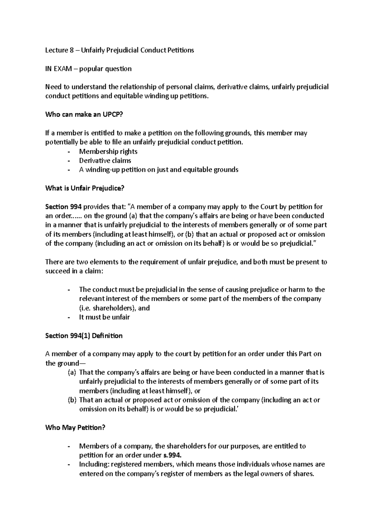 L8 prejudicial conduct petitions - Lecture 8 – Unfairly Prejudicial ...