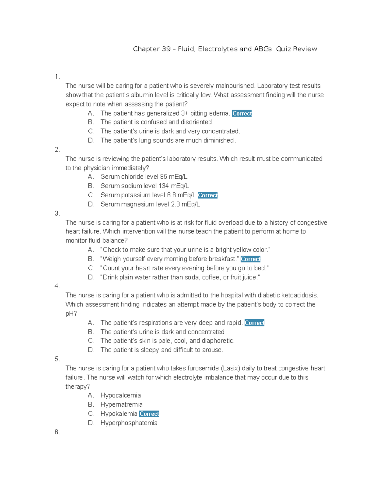 NSG3100 Chapter 39 Fluid and Electrolytes Review with Answers - Chapter ...