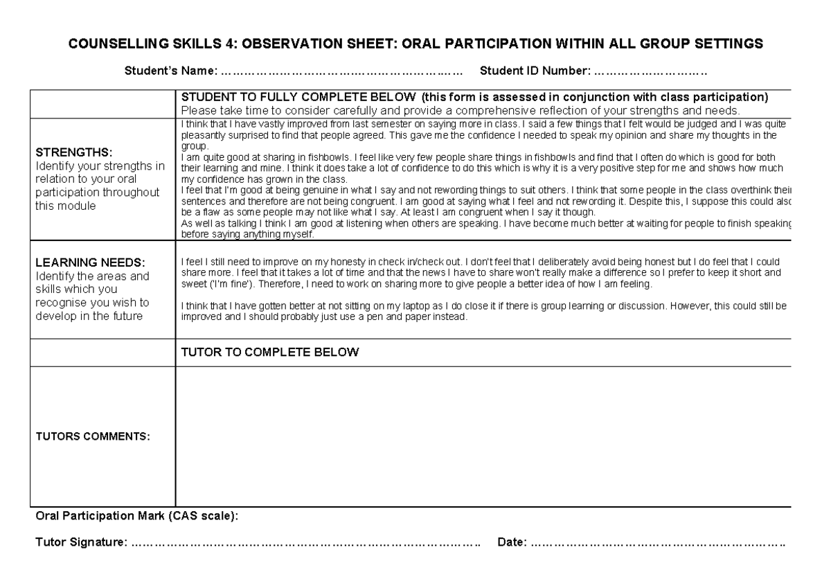 Participation sheet review 4 - COUNSELLING SKILLS 4: OBSERVATION SHEET ...