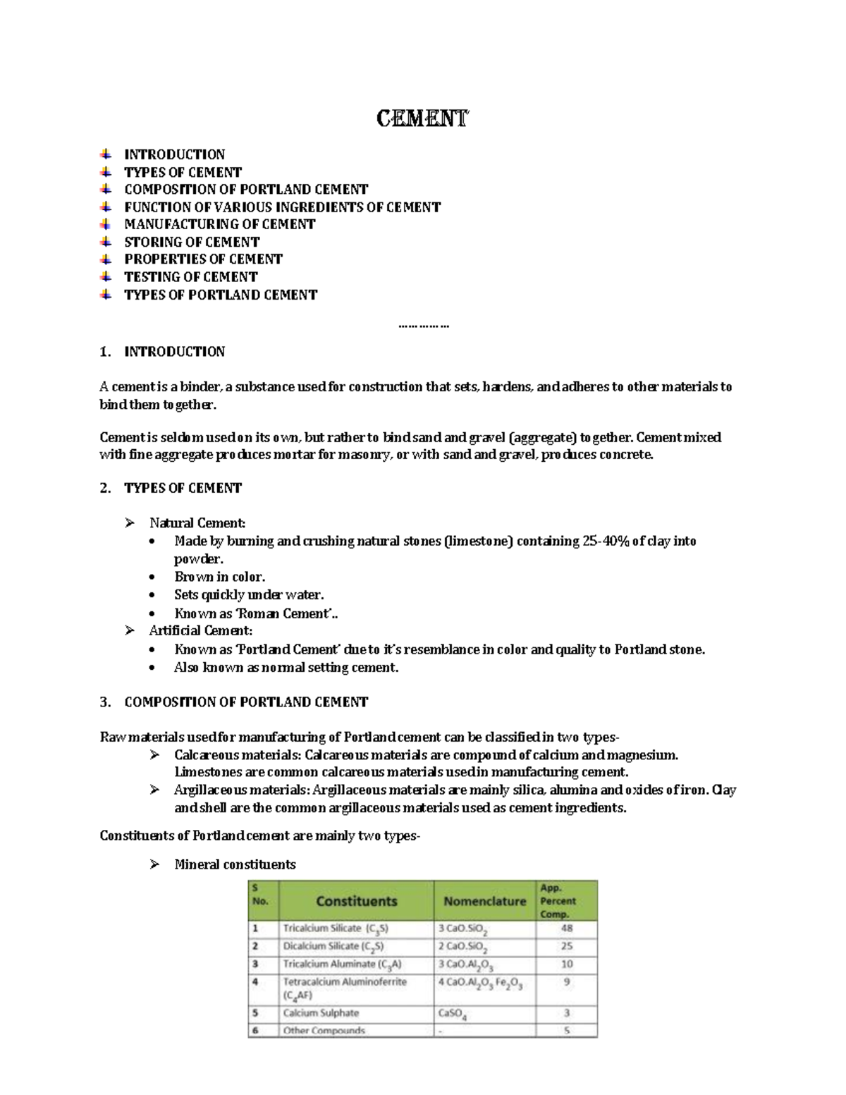 Cement- details and types. - Cement INTRODUCTION TYPES OF CEMENT ...