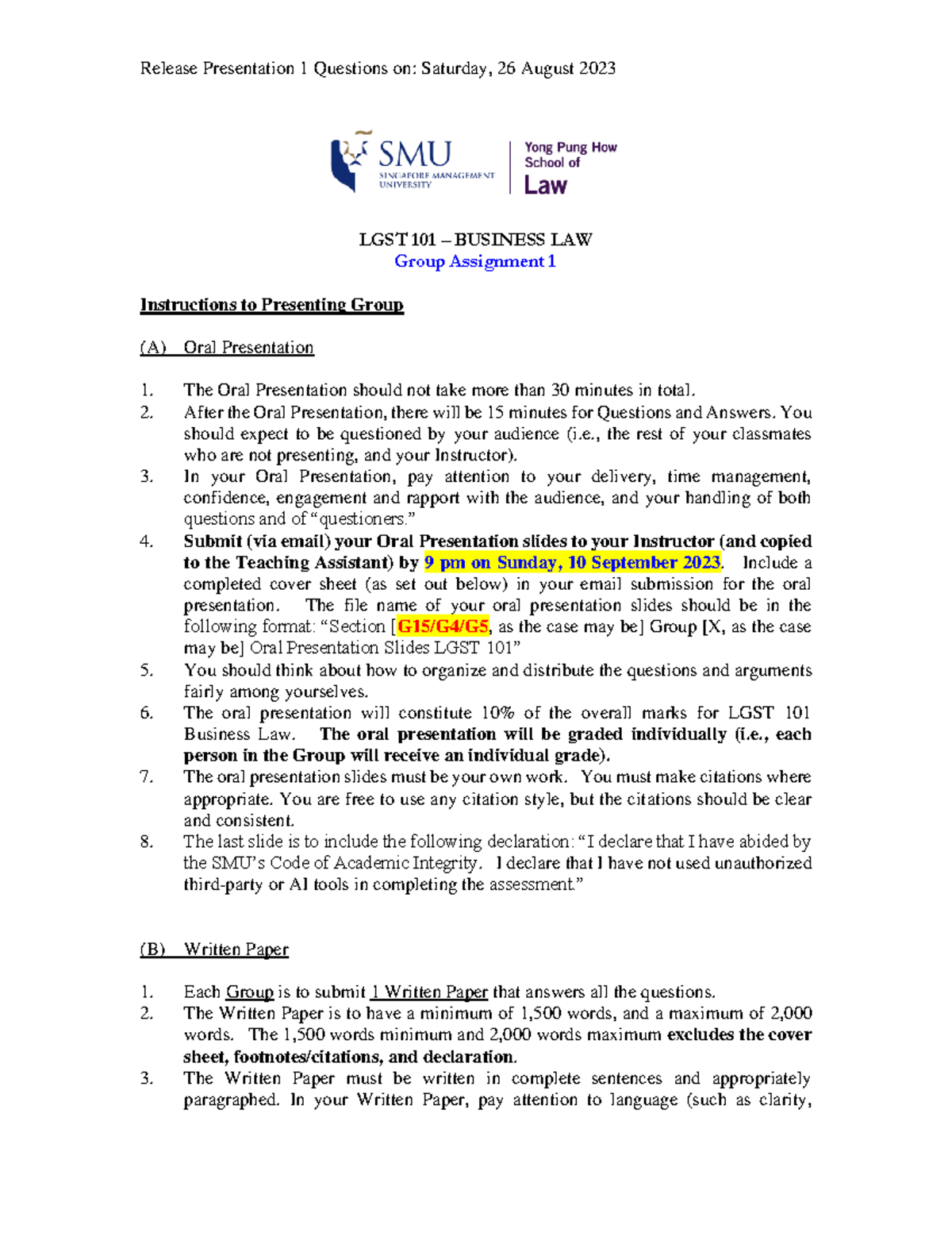 (2.3a) Group Assignment 1 (T1 AY2023 24) - LGST 101 – BUSINESS LAW ...