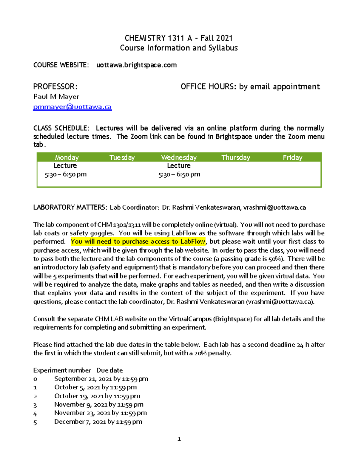 CHM1311 Syllabus 2021 - CHM 1311 - uOttawa - Studocu
