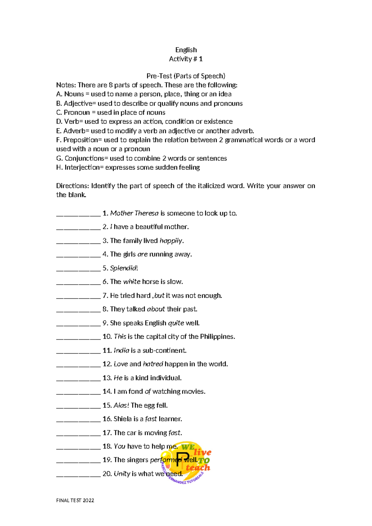 Grammar A - English Activity # 1 Pre-Test (Parts of Speech) Notes ...
