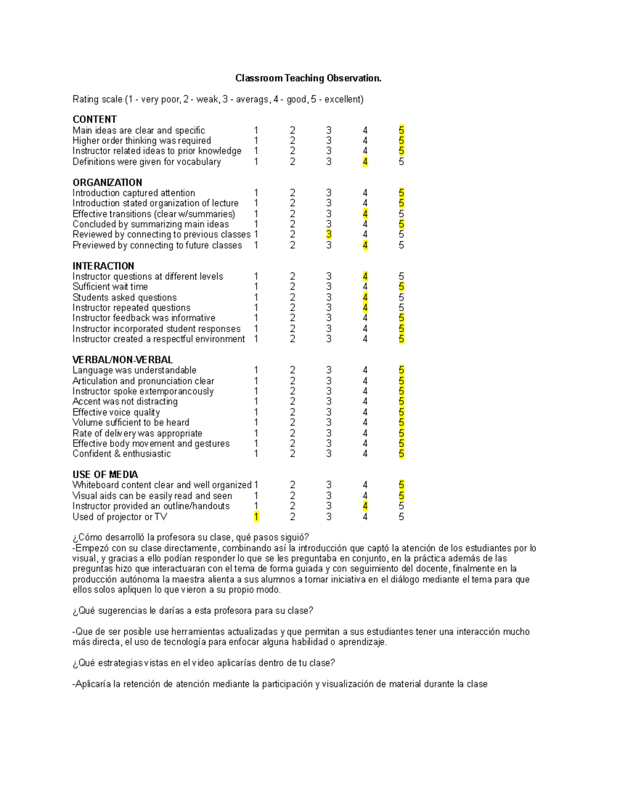 Classroom Teaching Observation - Rating scale (1 - very poor, 2 - weak ...