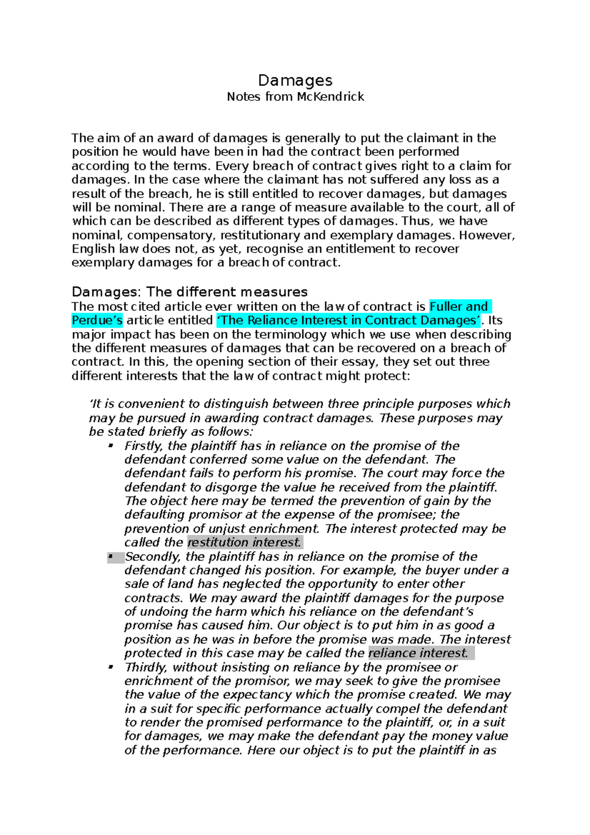 Damages - textbook notes - Damages Notes from McKendrick The aim of an ...
