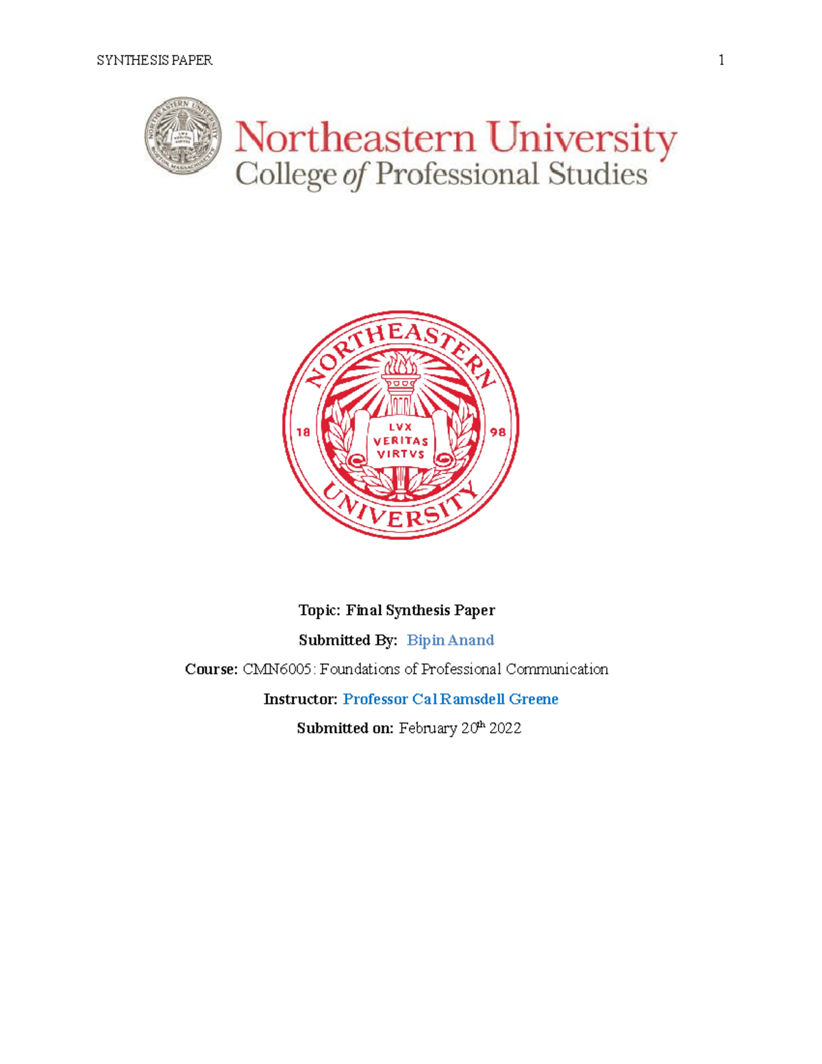 Final Synthesis Paper - Topic: Final Synthesis Paper Submitted By ...