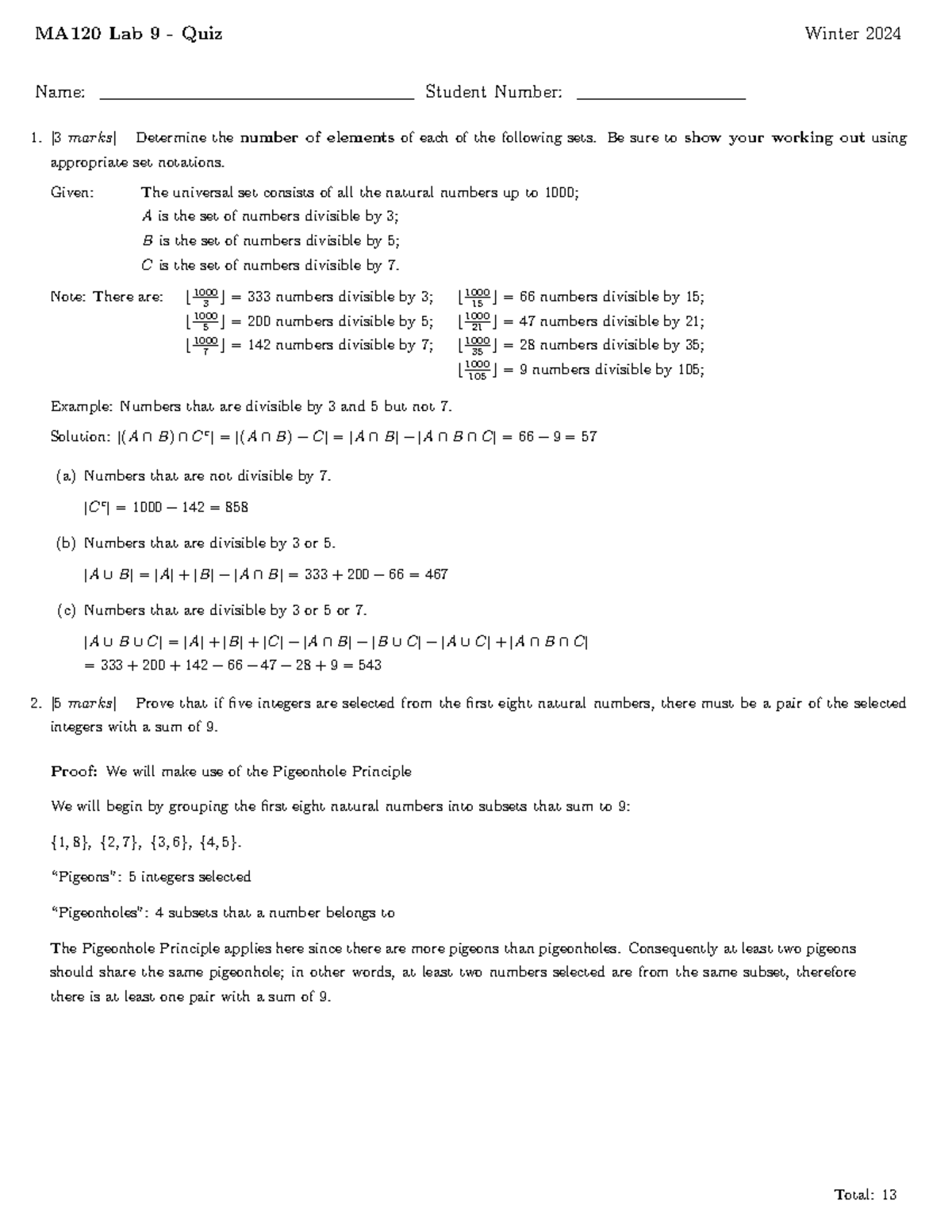 MA120 Lab 9 Solutions - sols - MA120 Lab 9 - Quiz Winter 2024 Name ...