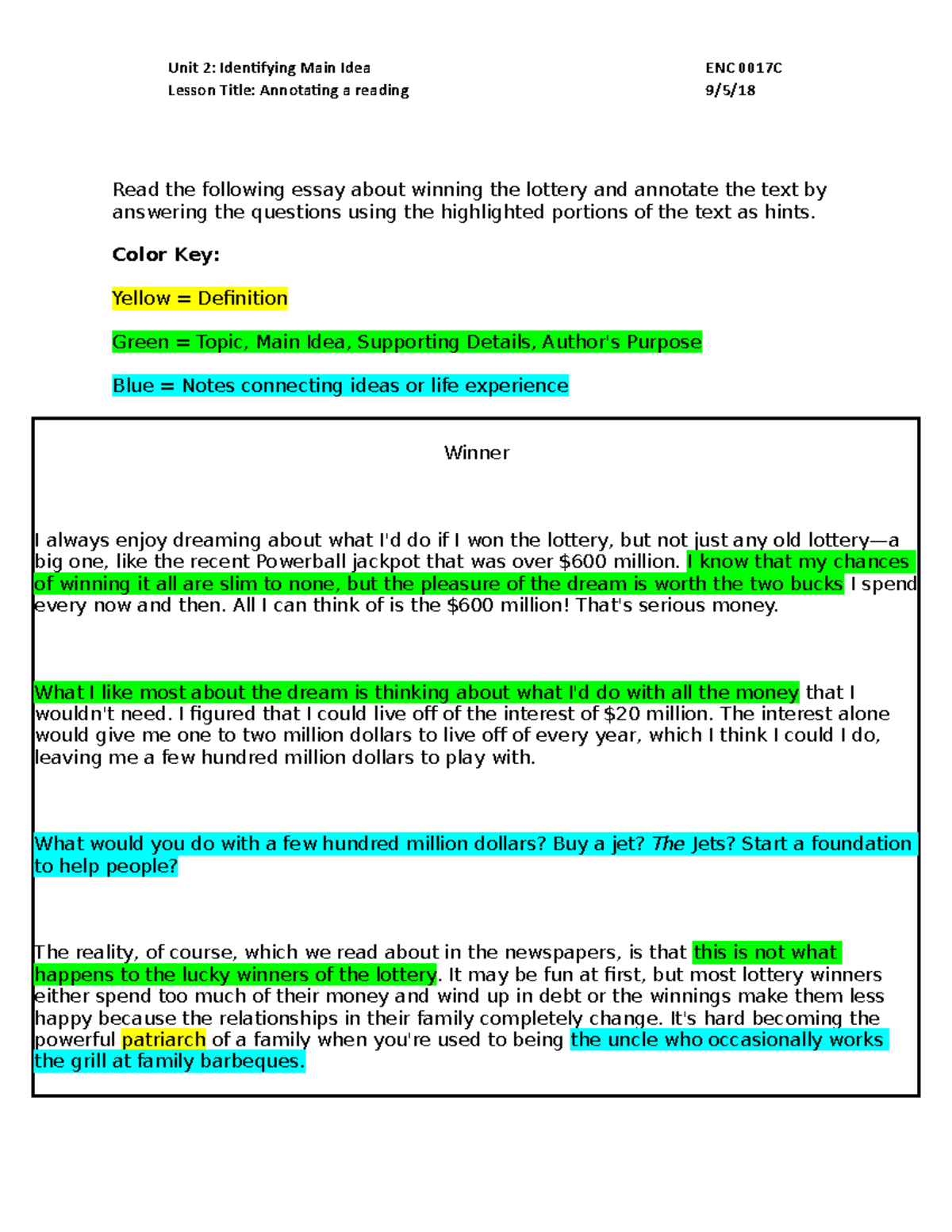 Annotating a Reading (Example) - Unit 2: Identifying Main Idea ENC ...