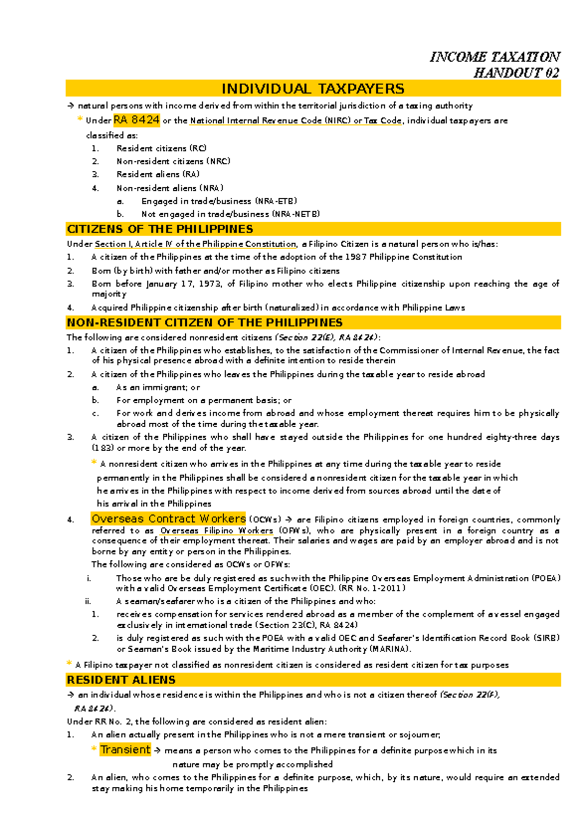 I Ncotax-Handout 2 - Income Taxation Handout - HANDOUT 02 INDIVIDUAL ...