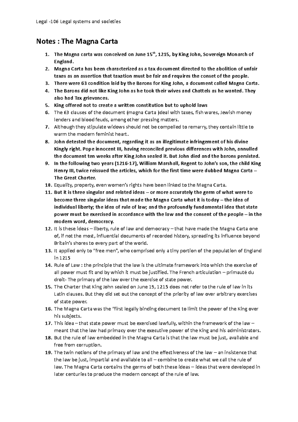 Magna Carta - notes - Legal Systems and Societies - UOW - Studocu