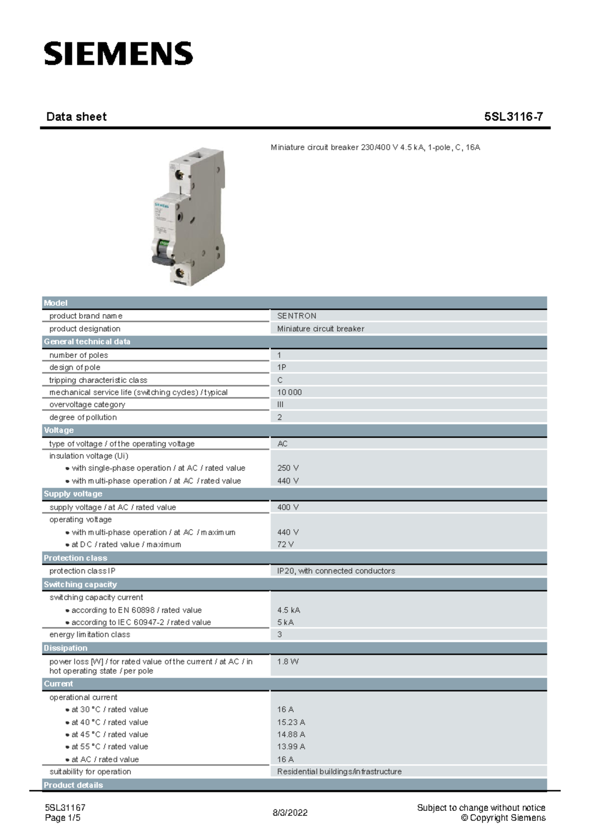 Ficha tecnica breaker siemens 16A - Data sheet 5SL3116- Miniature ...