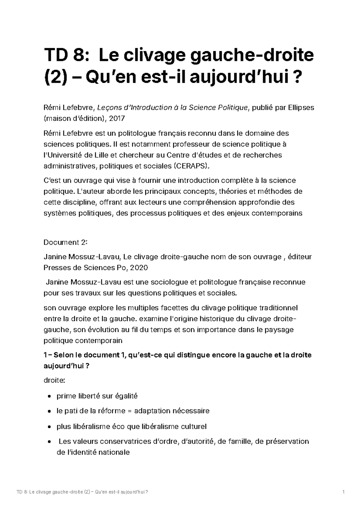 TD 8 le clivage gauche-droite - TD 8: Le clivage gauche-droite (2 ...