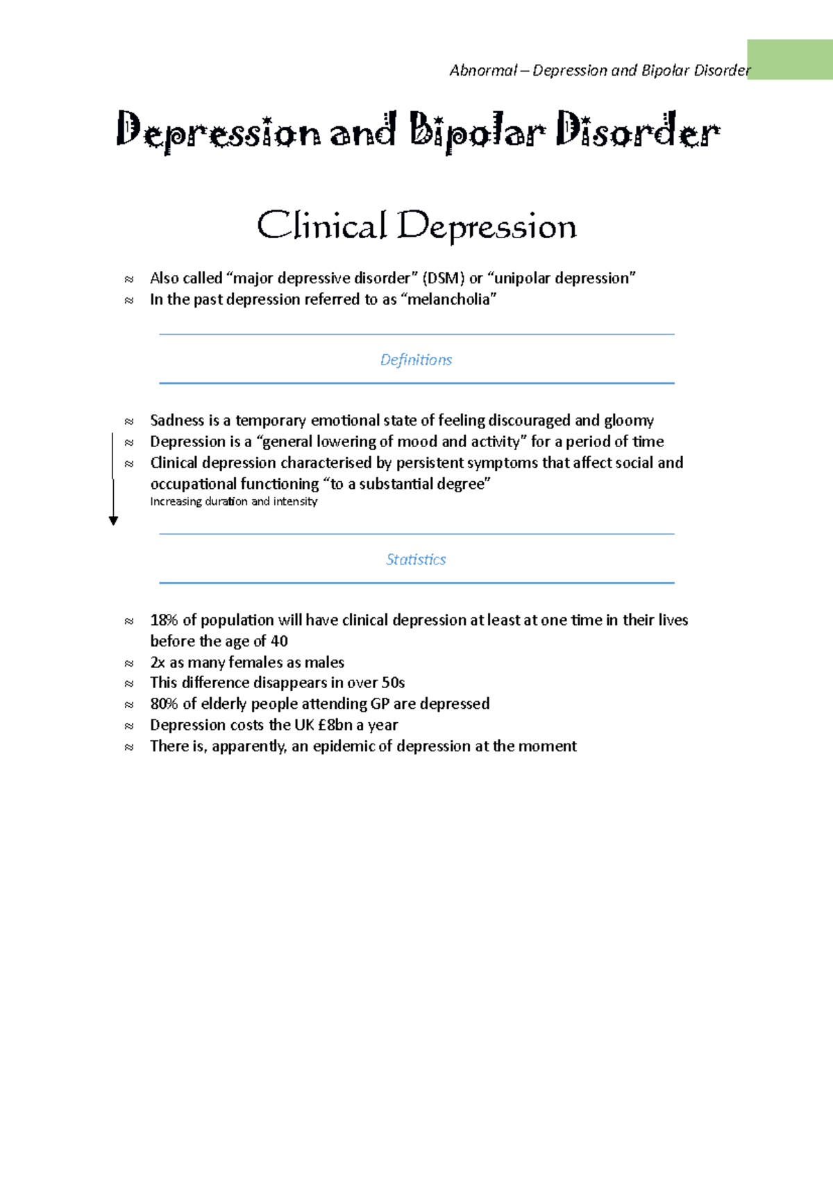 Lecture notes, lecture 2 - Depression and bipolar disorder - Depression ...