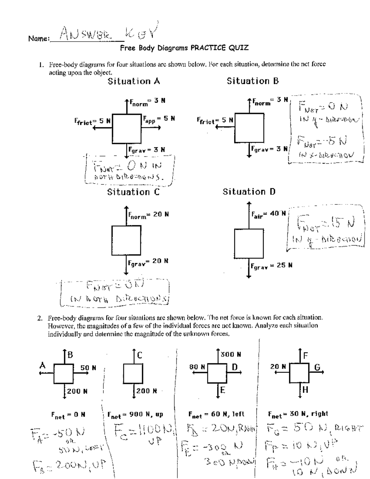 3 - Free body diagram practice - ANSWER KEY Name: Free Body Diagrams ...