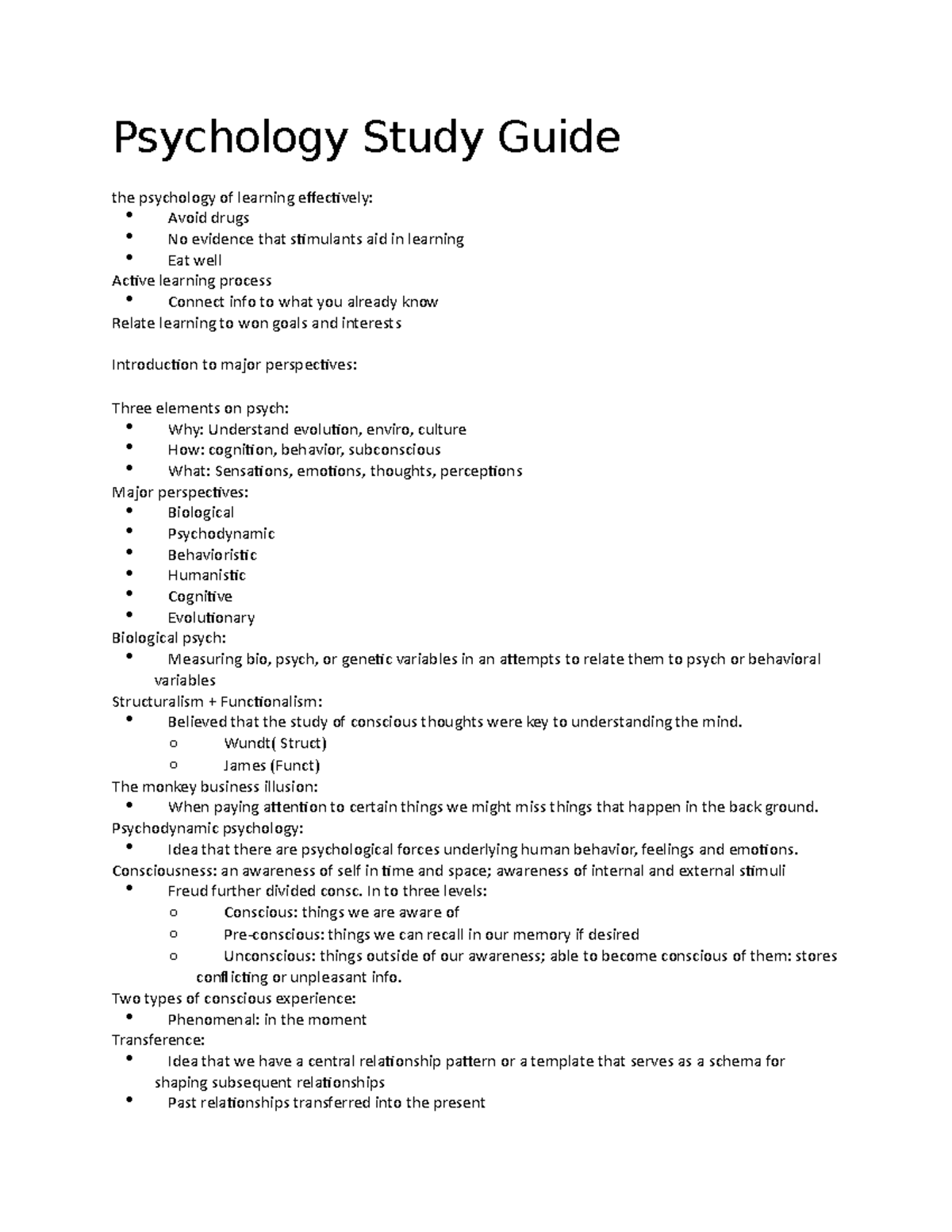 Psychology Study Guide - o Wundt( Struct) o James (Funct) The monkey ...