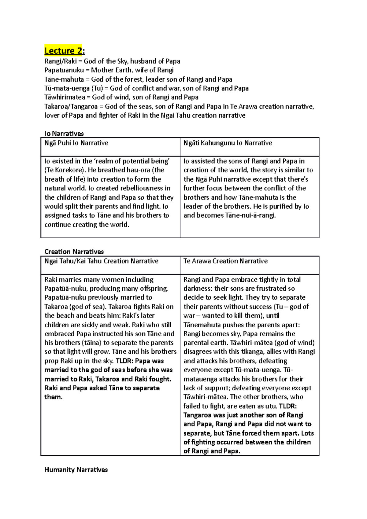 Maori 102 lecture notes - Lecture 2 : Rangi/Raki = God of the Sky ...