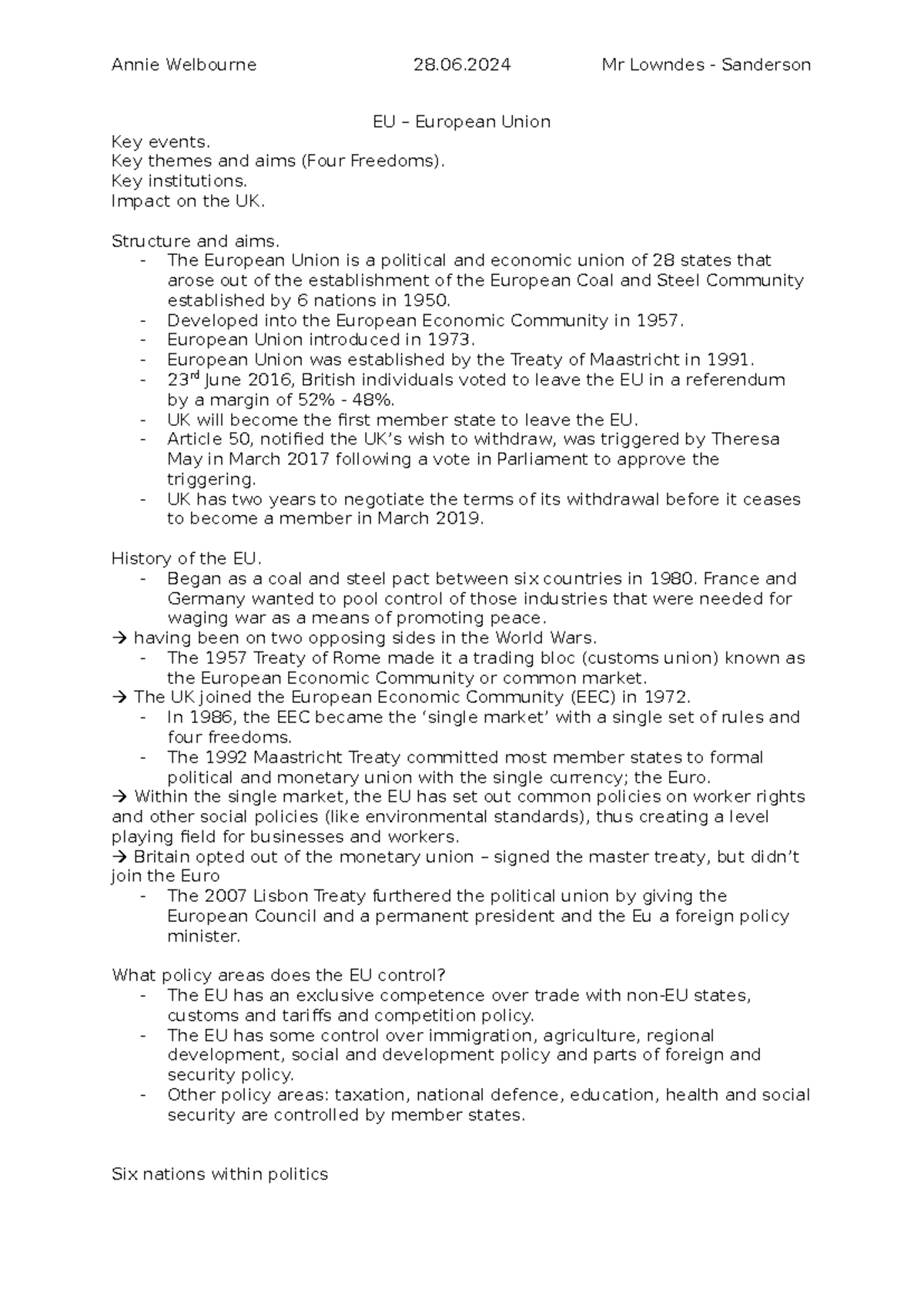 European Union notes - EU – European Union Key events. Key themes and ...