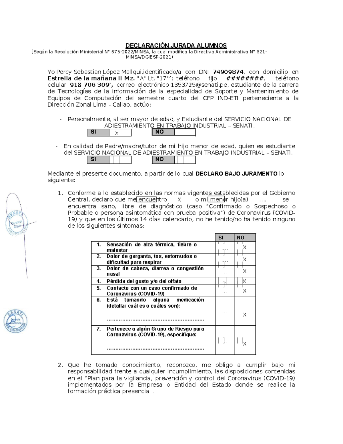 Anexo N° 02 - Declaración Jurada de Alumnos - SI NO 1. Sensación de ...