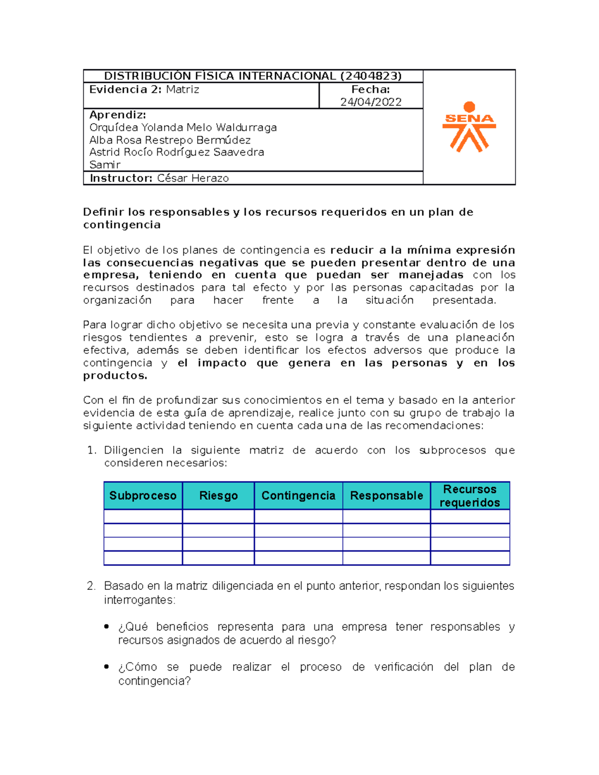 Act9 Evidencia 2. Matriz Definir Responsables - DISTRIBUCIÓN FÍSICA ...