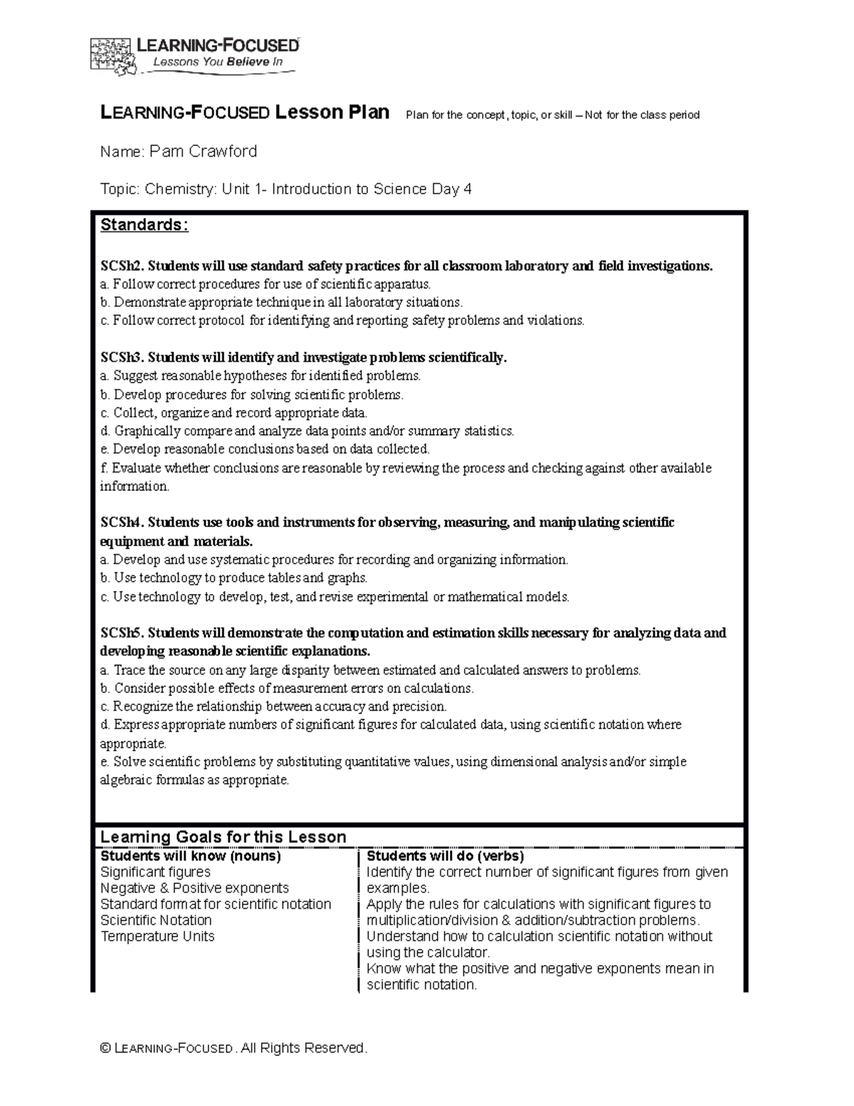 Chemistry Unit 1 Day 4 Intro to Science LF Format - LEARNING-FOCUSED ...
